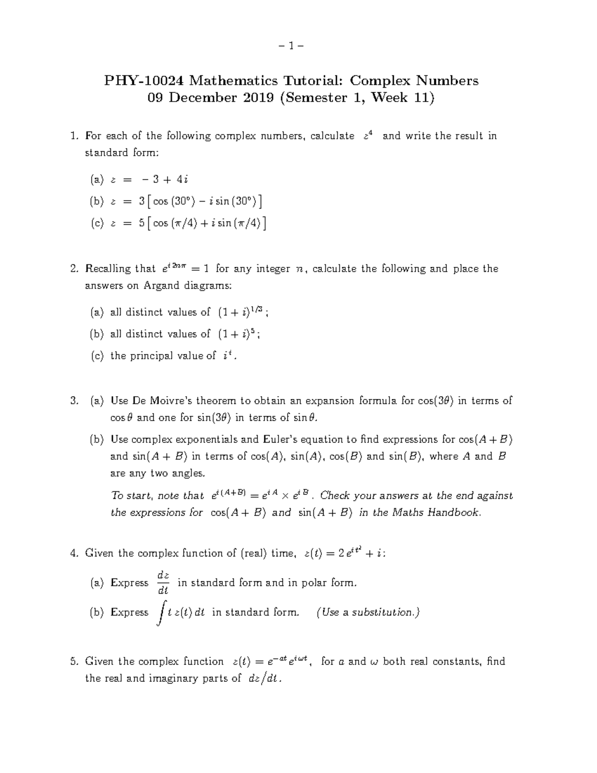 Semester 1 Tutorial 10 2019 - – 1 – PHY-10024 Mathematics Tutorial ...