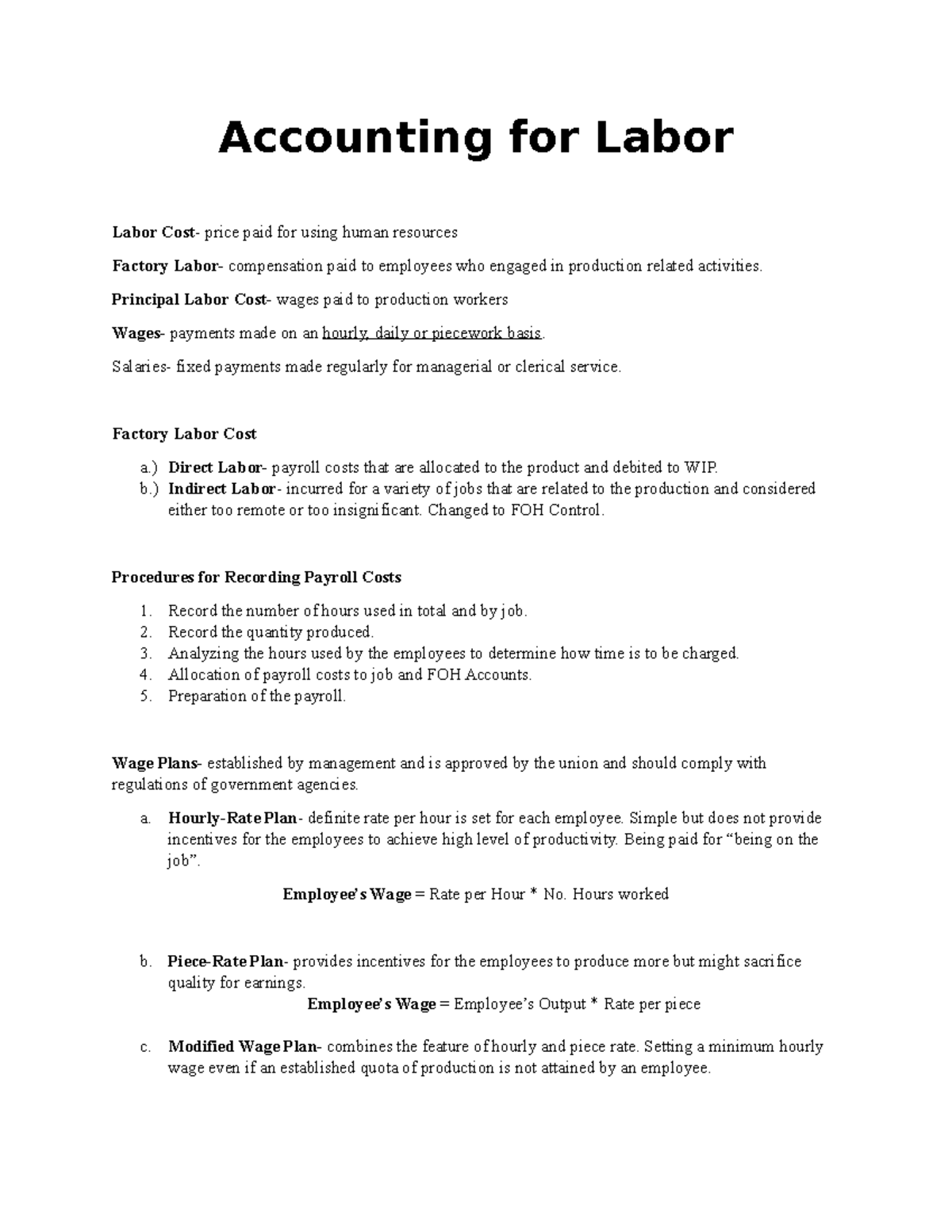 Accounting for Labor - BSA - Accounting for Labor Labor Cost- price ...