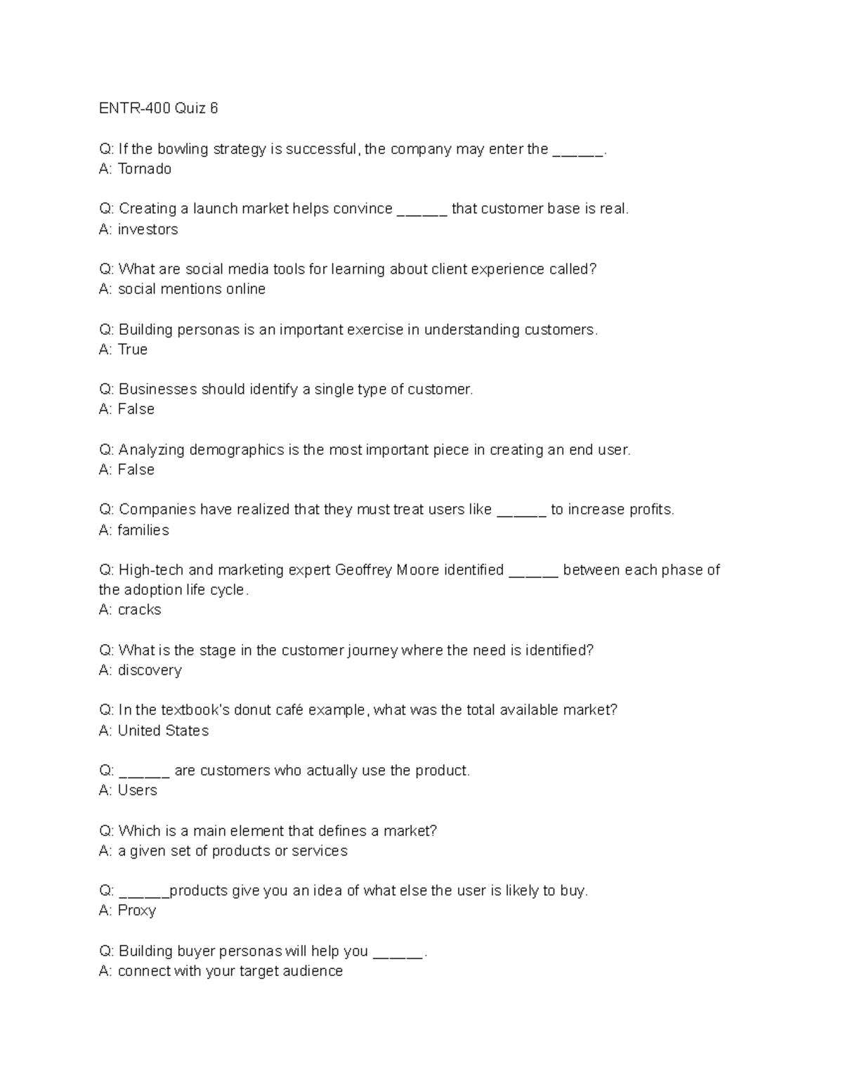 ENTR-400 Quiz 6 - Quiz 6 questions and answers for the fall semester ...