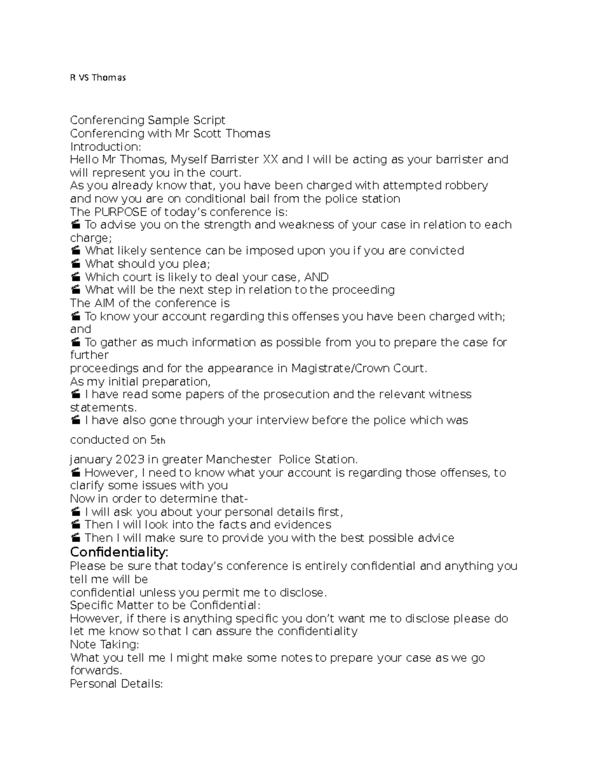 R VS Thomas (conference) - R VS Thomas Conferencing Sample Script ...