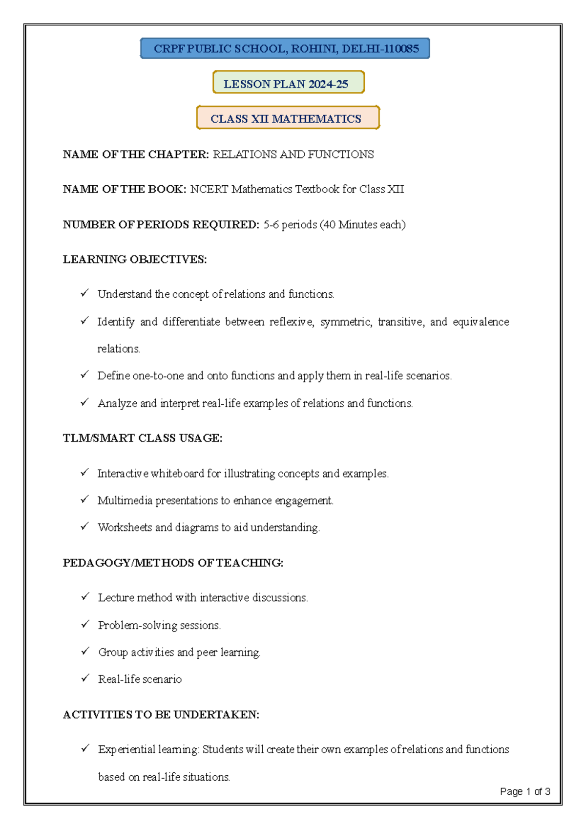 1. Relations AND Functions Lesson Plan Mathematics class XII 2024-25 ...