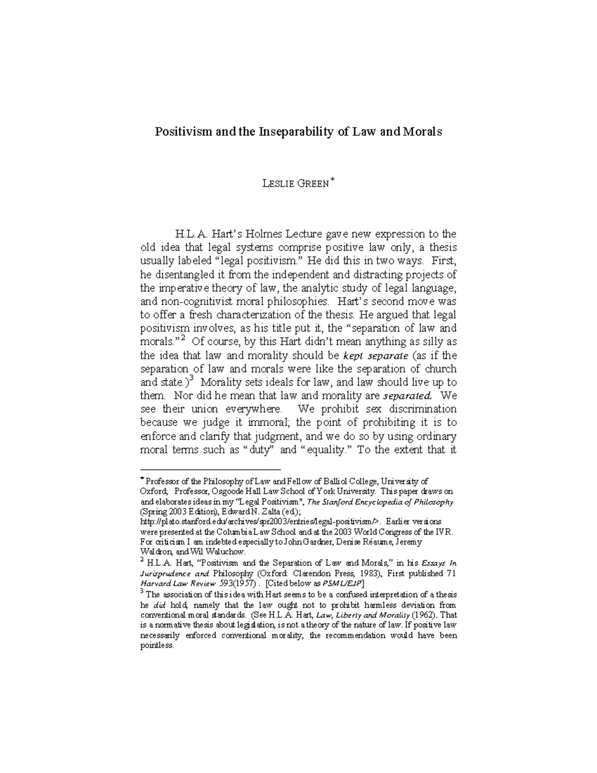 Leslie Green positivism and the inseparability of law and morals ...