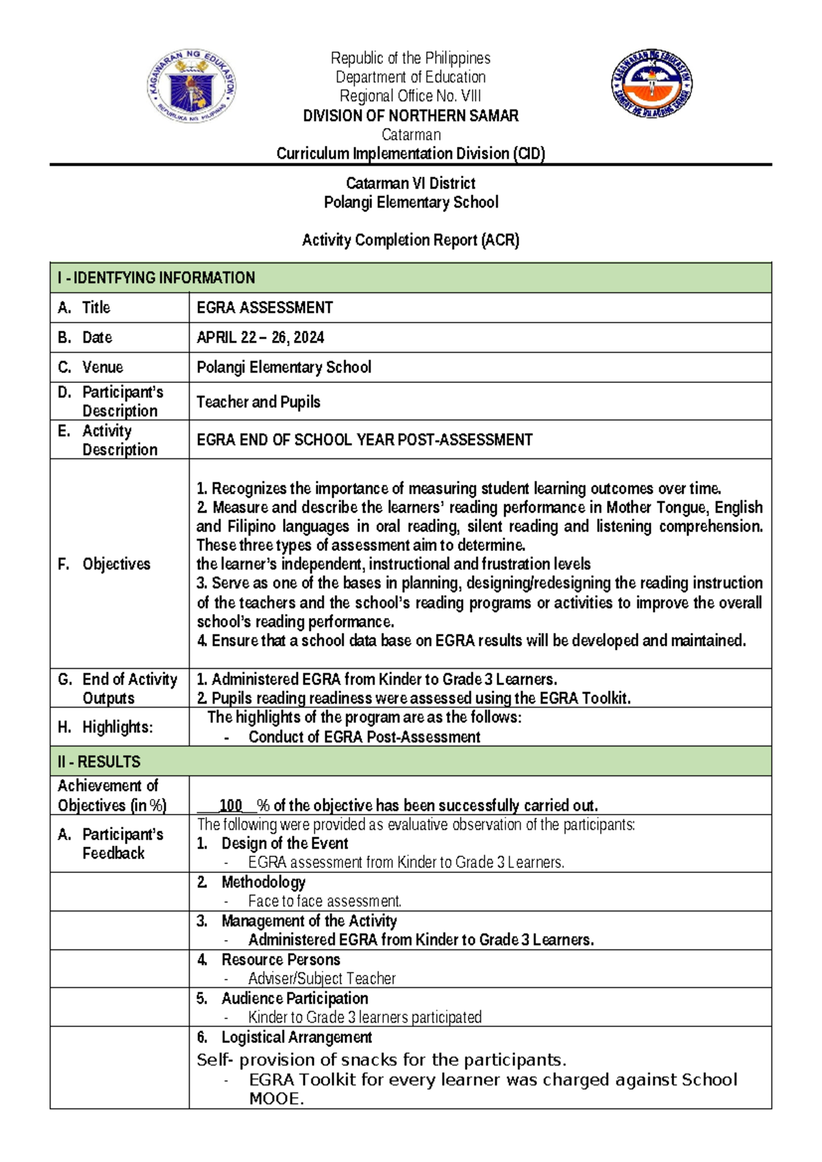 ACR EGRA 2024 - ACR - Republic of the Philippines Department of ...