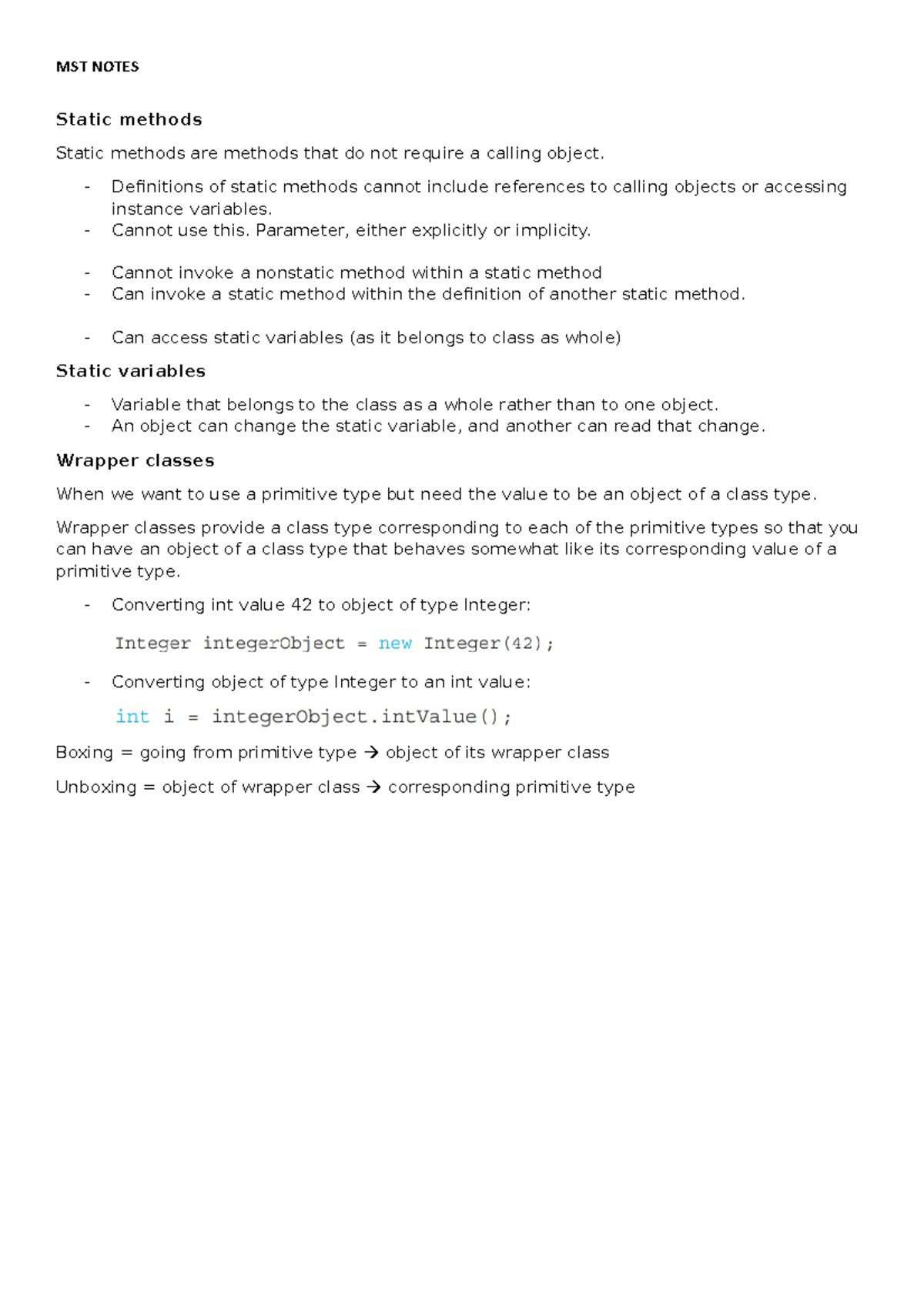 MST 1 Notes (2020) SWEN20003 Sem 1 - Static methods Static methods are ...