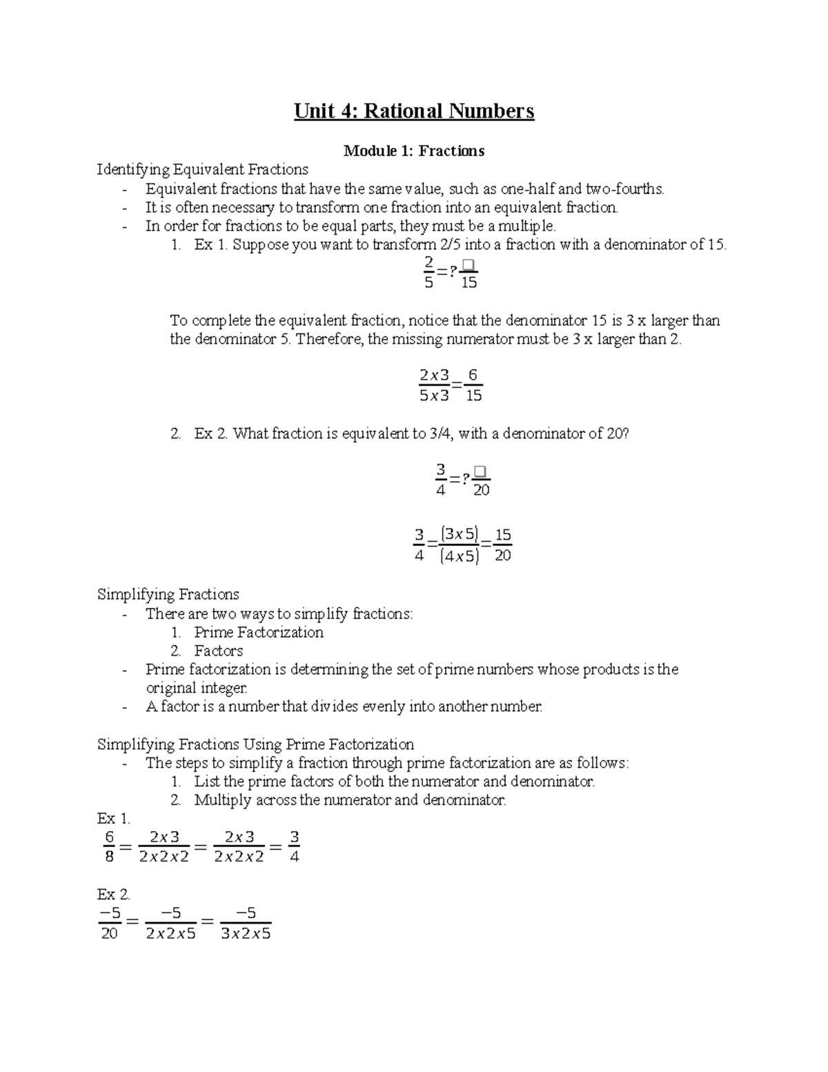 Math 1 Unit 4 - Unit 4 notes - Unit 4: Rational Numbers Module 1 ...