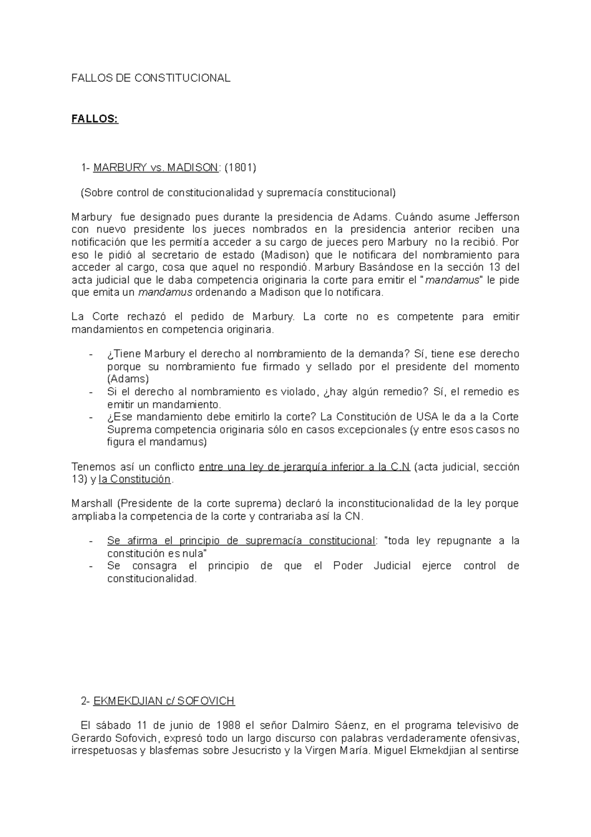 Fallos DE Constitucional - FALLOS DE CONSTITUCIONAL FALLOS: 1- MARBURY vs. MADISON: (1801 ...