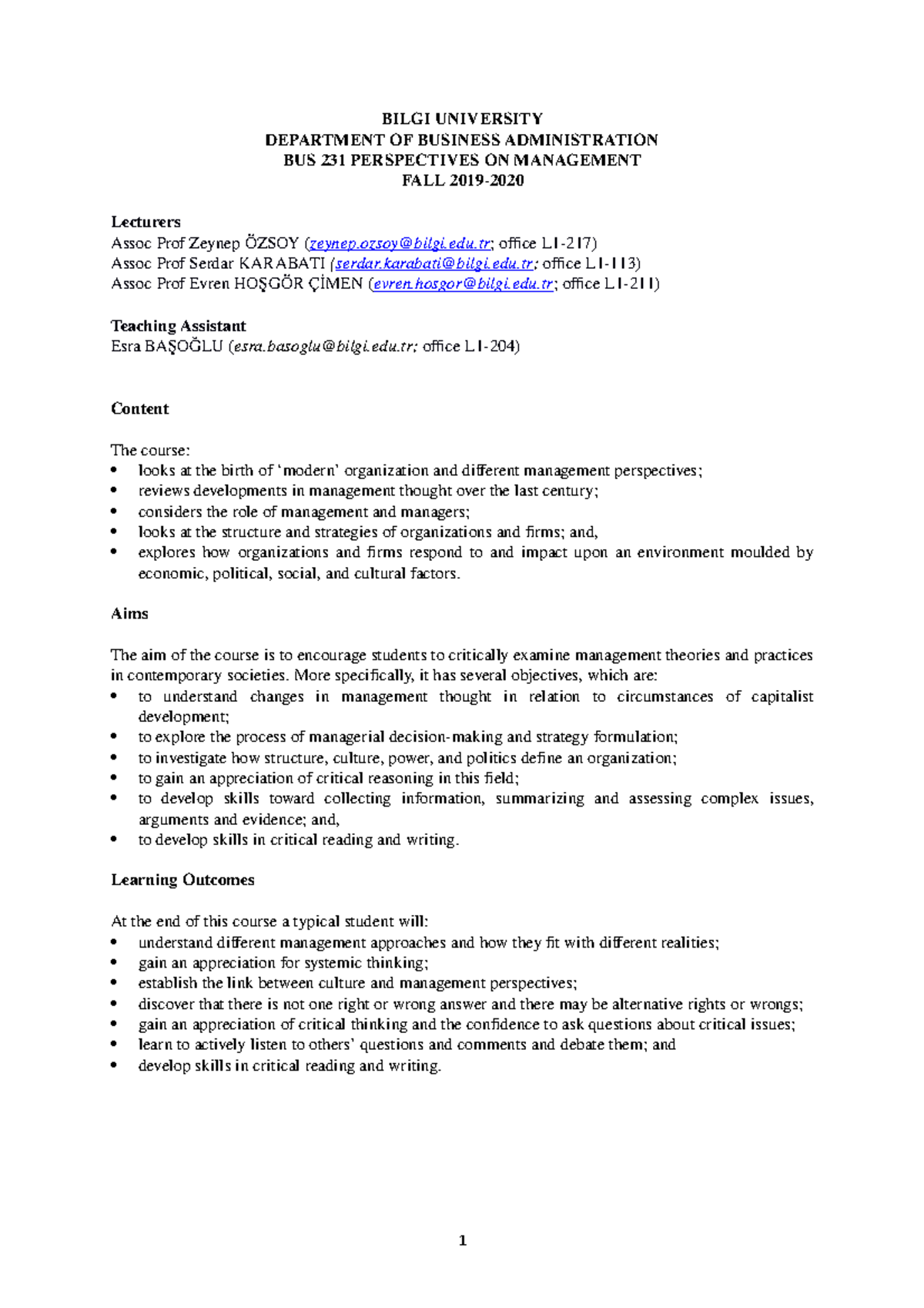 BUS 231 Syllabus 2019-2020 - BILGI UNIVERSITY DEPARTMENT OF BUSINESS ...