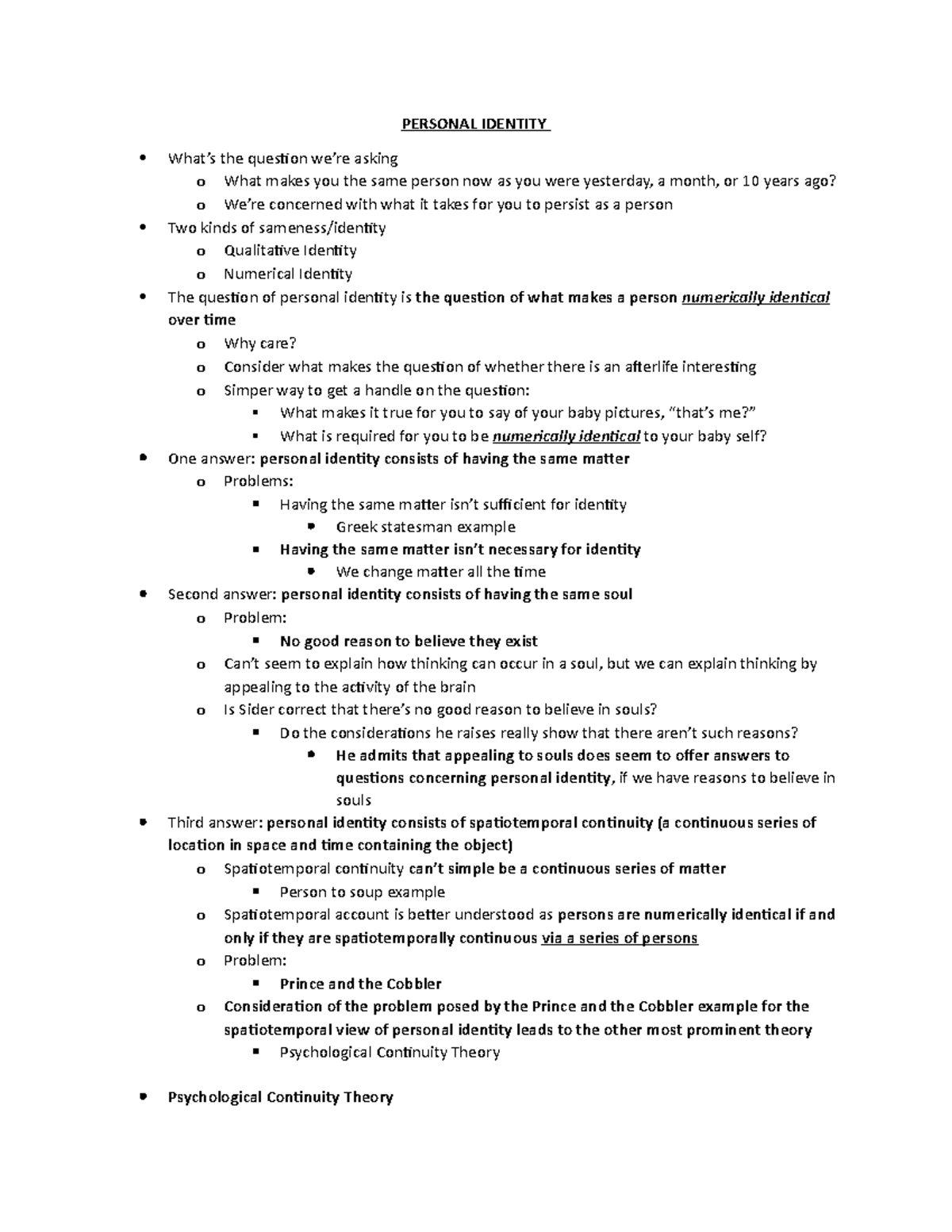 Personal Identity Notes - PERSONAL IDENTITY What’s the question we’re ...