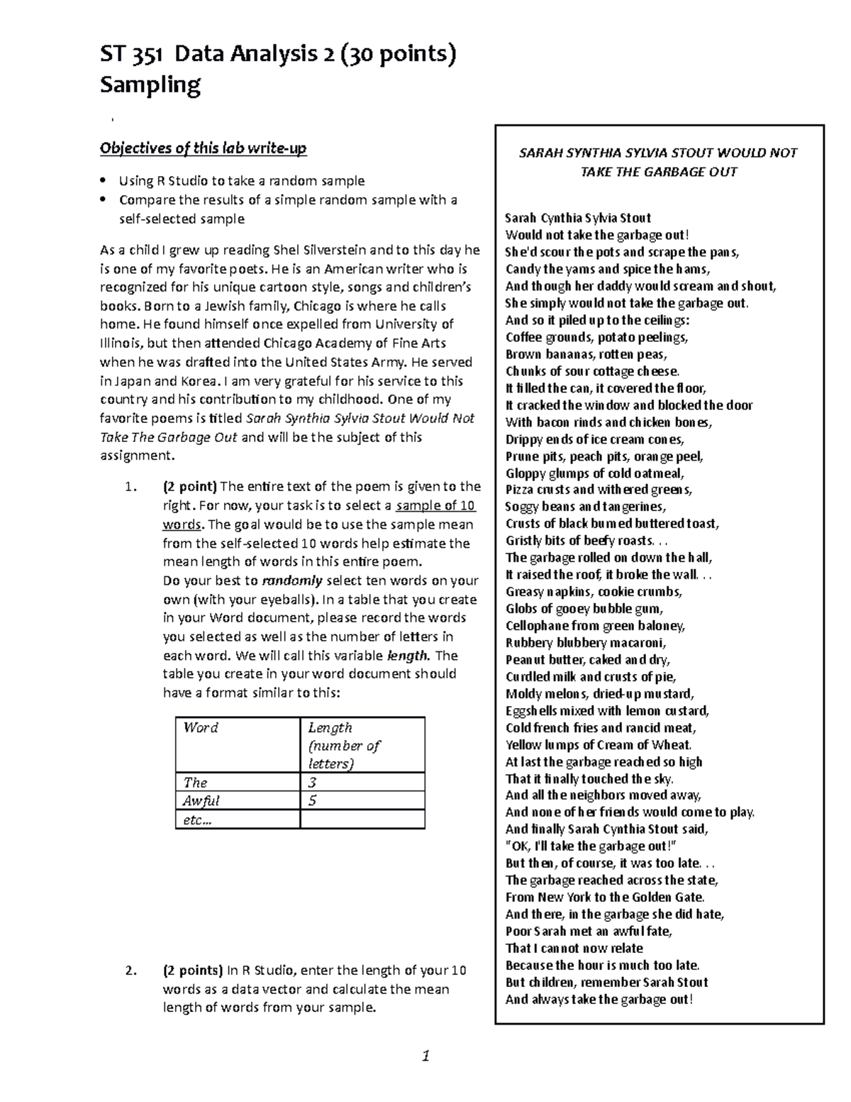 Data Analysis 2 - Sampling - ST 351 Data Analysis 2 (30 points ...