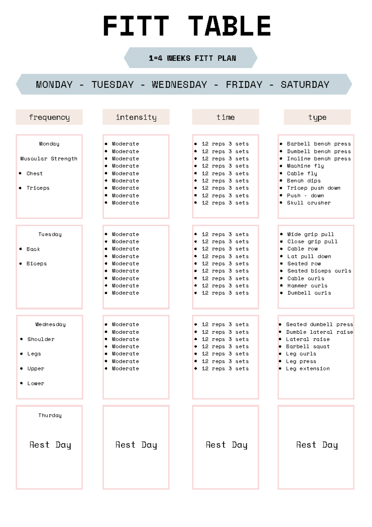 Modern Fitness Planner Sheet - type MONDAY - TUESDAY - WEDNESDAY ...