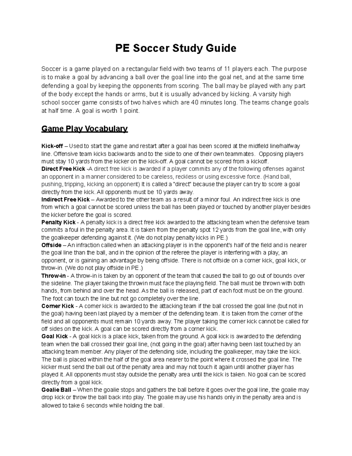 PE Soccer Study Guide - Google Docs - PE Soccer Study Guide Soccer is a ...