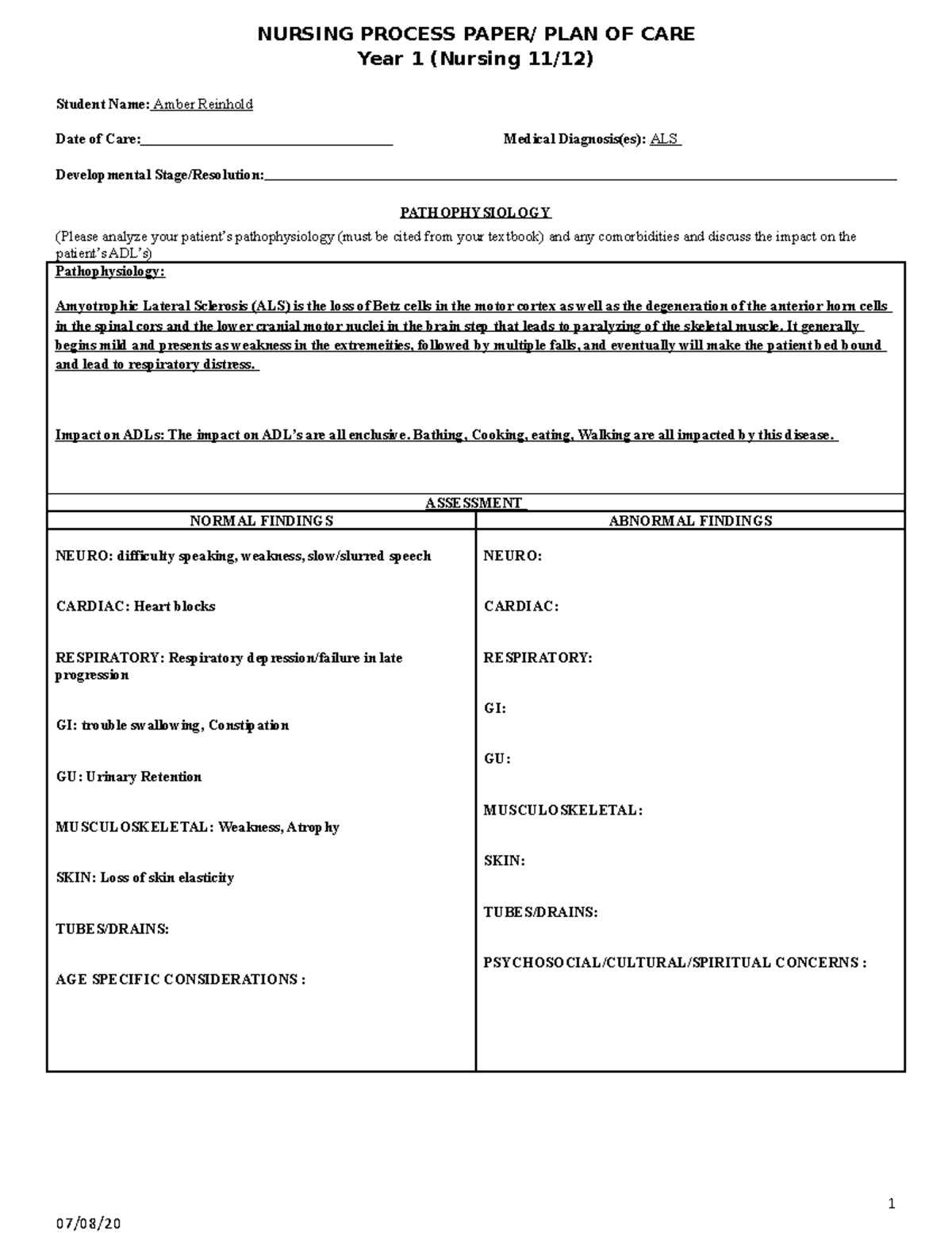 Nursing Process Plan of Care for ALS - Studocu