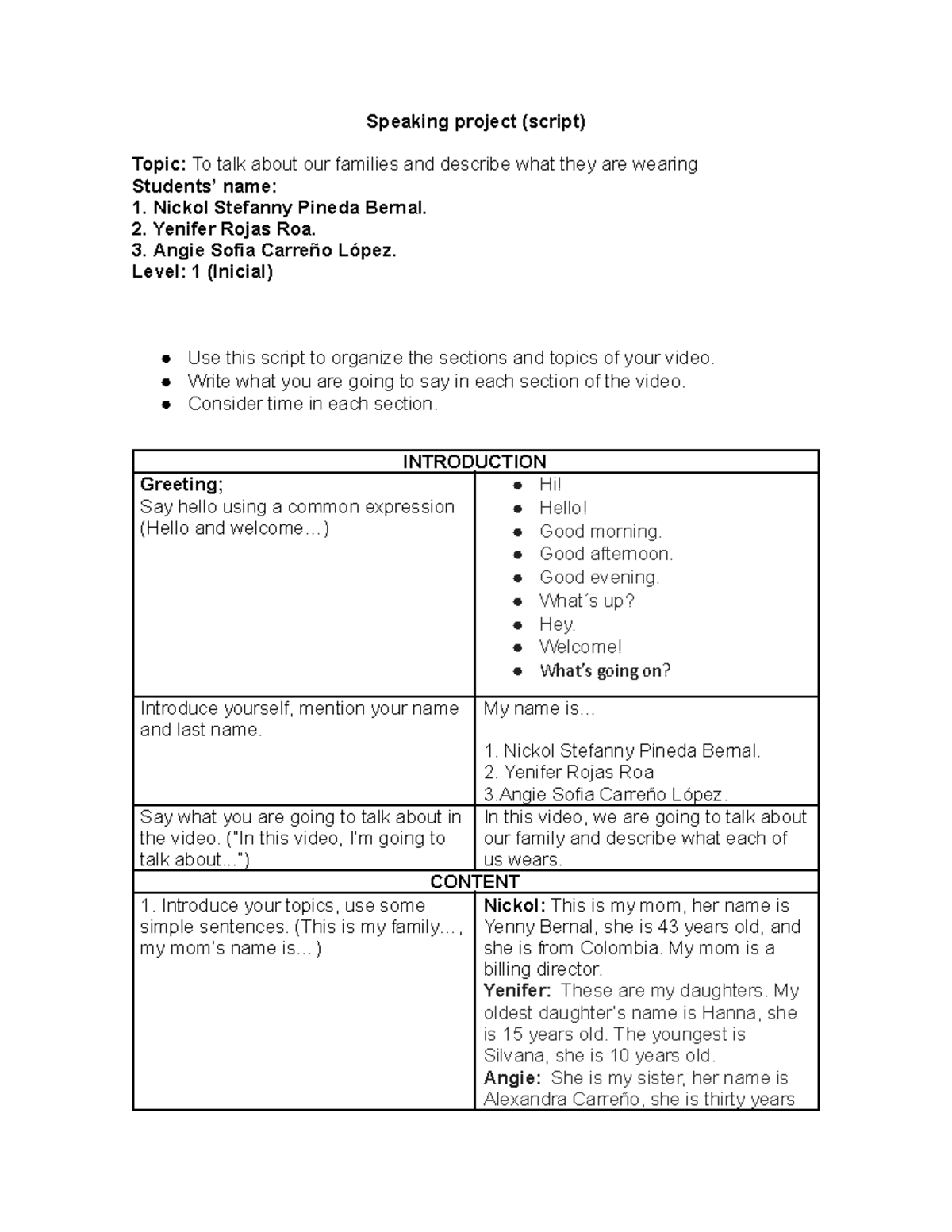 Speaking project (script) level 1 - Speaking project (script) Topic: To ...