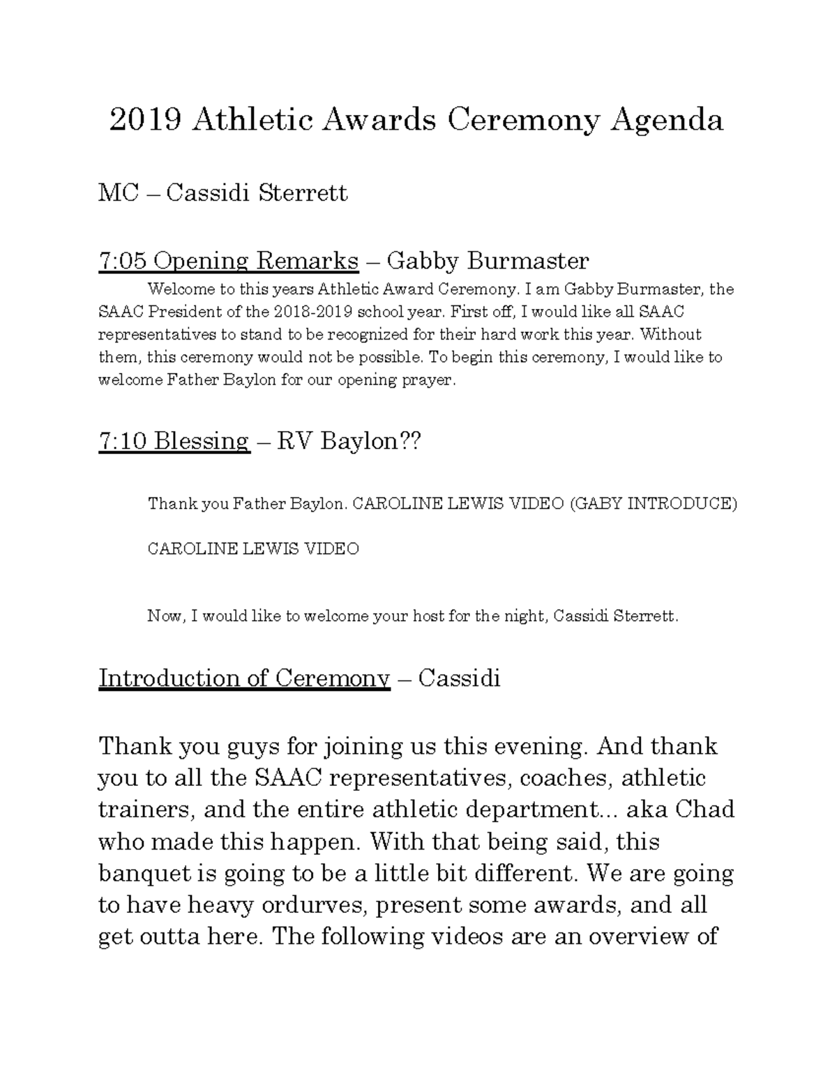 Athletic Awards Ceremony Agenda 2019 - 2019 Athletic Awards Ceremony ...