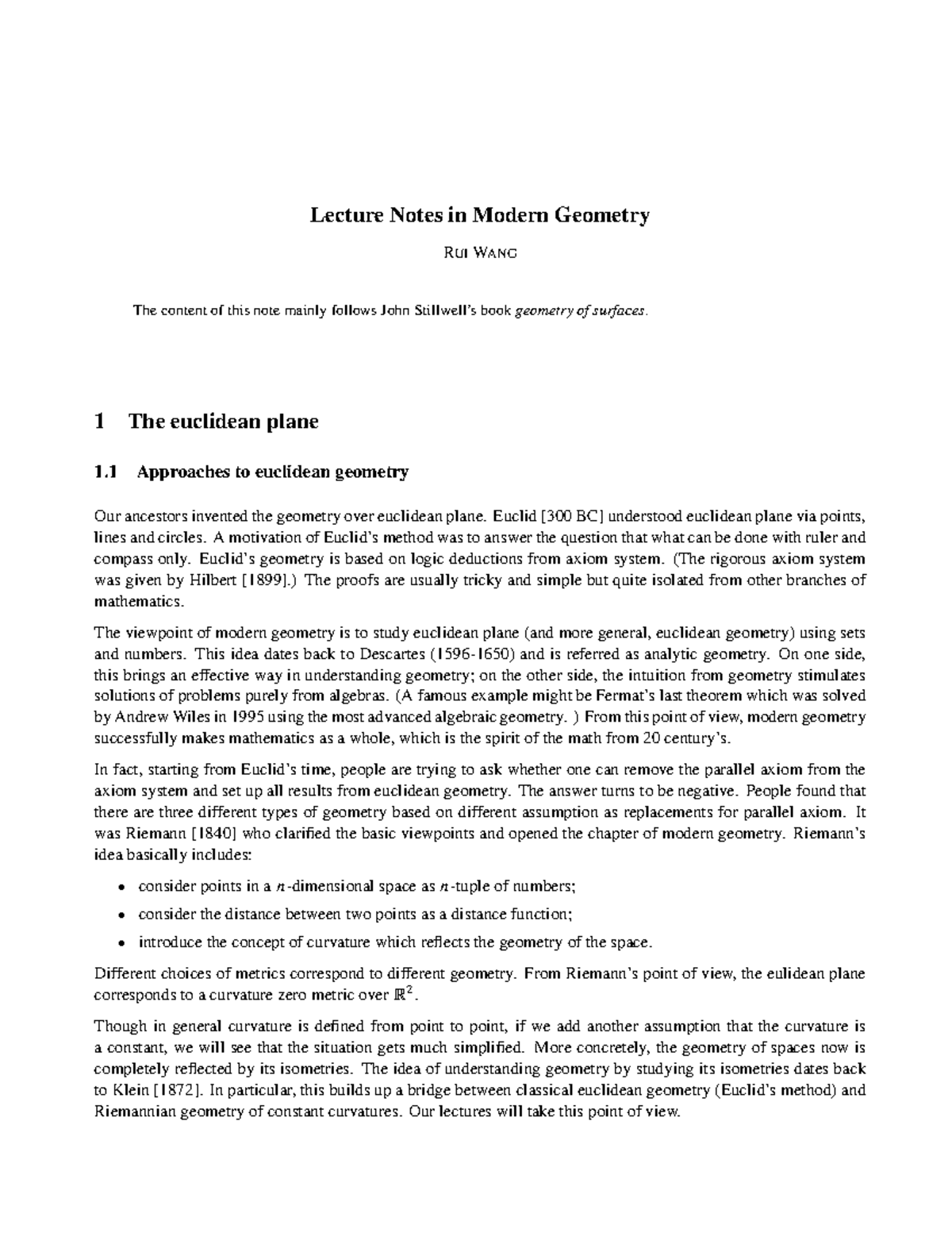 Finite geometry - Lecture Notes in Modern Geometry RUI WANG The content ...