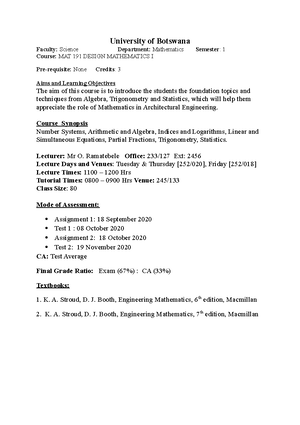 MAT111 - Updated Course Outline - UNIVERSITY OF BOTSWANA FACULTY OF ...