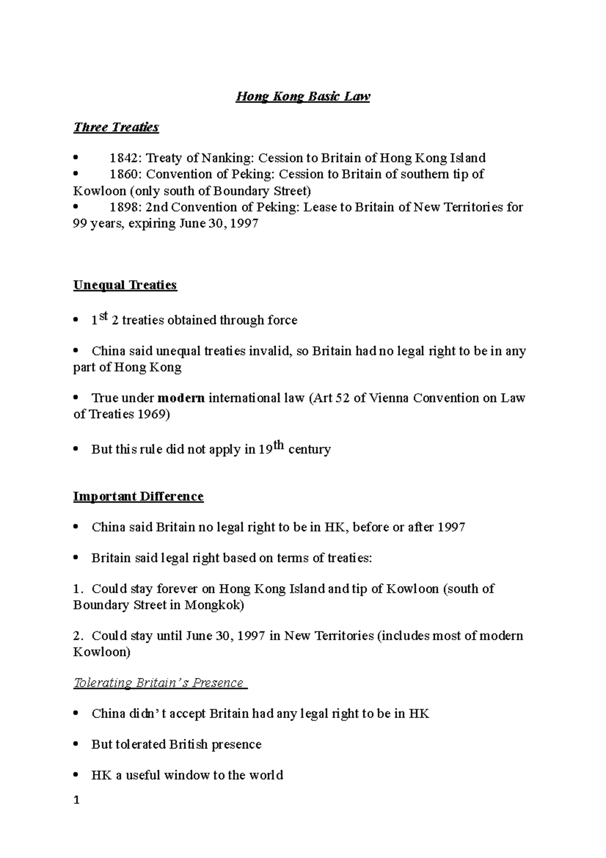 1 HK Basic Law - HKBL - Hong Kong Basic Law Three Treaties 1842: Treaty ...