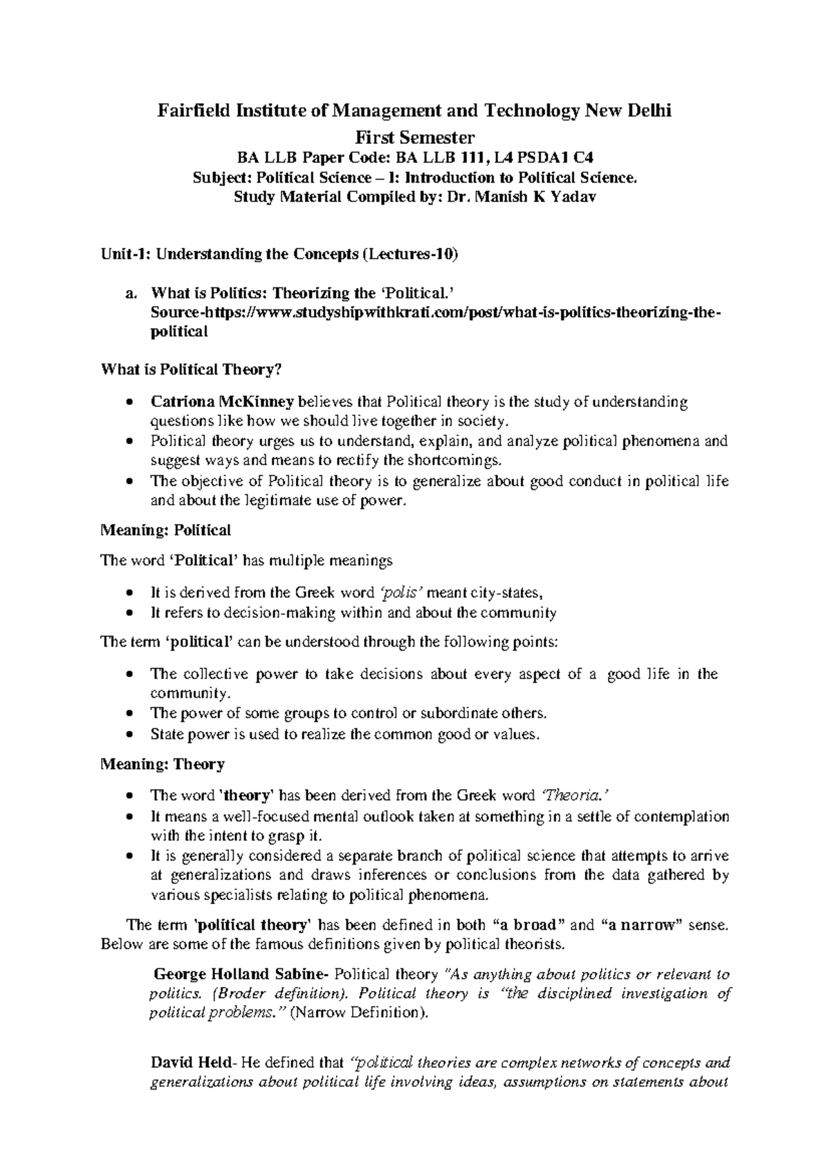 Ballb 111-Political Science I-Unit 1 and 2 - Fairfield Institute of ...