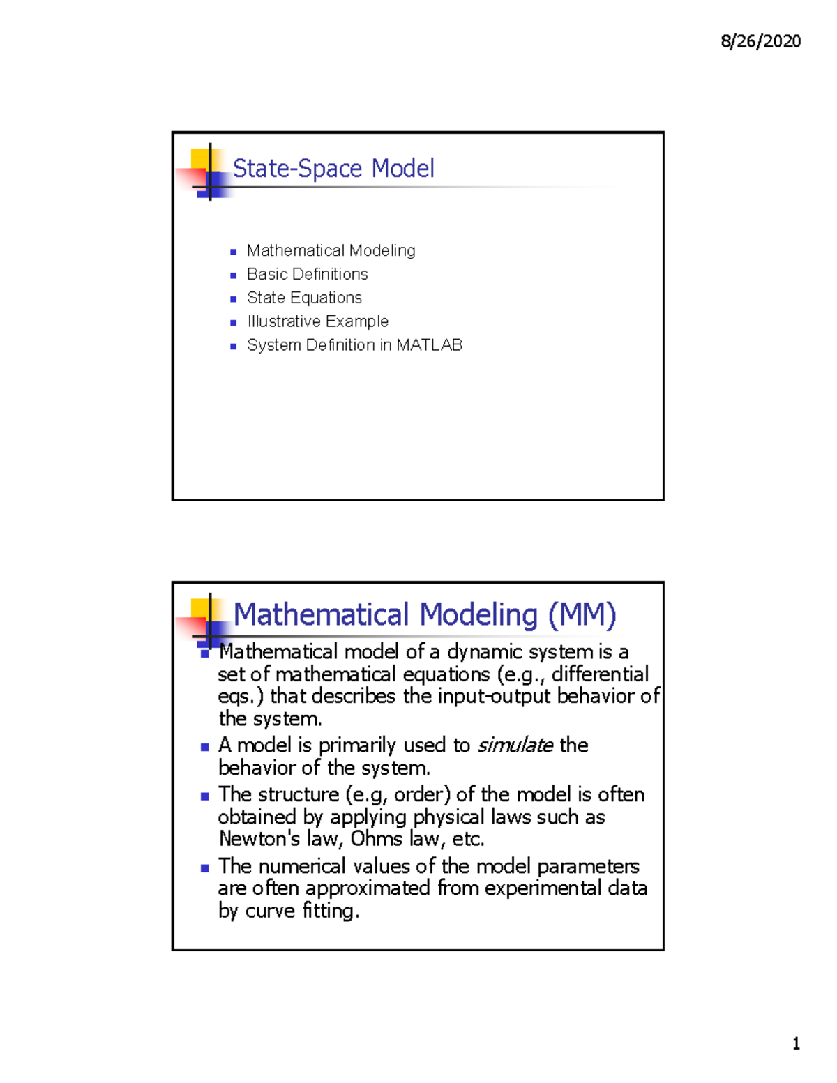 Lec1 State Space Model State Space Model Mathematical Modeling Basic