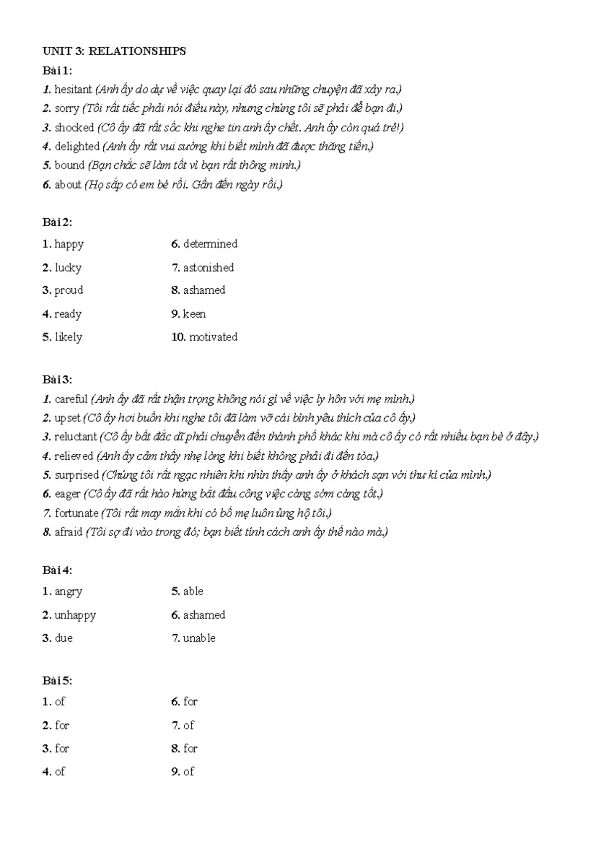 Unit 3 - Becoming independence - UNIT 3: RELATIONSHIPS Bài 1: hesitant (Anh ấy do dự về việc ...