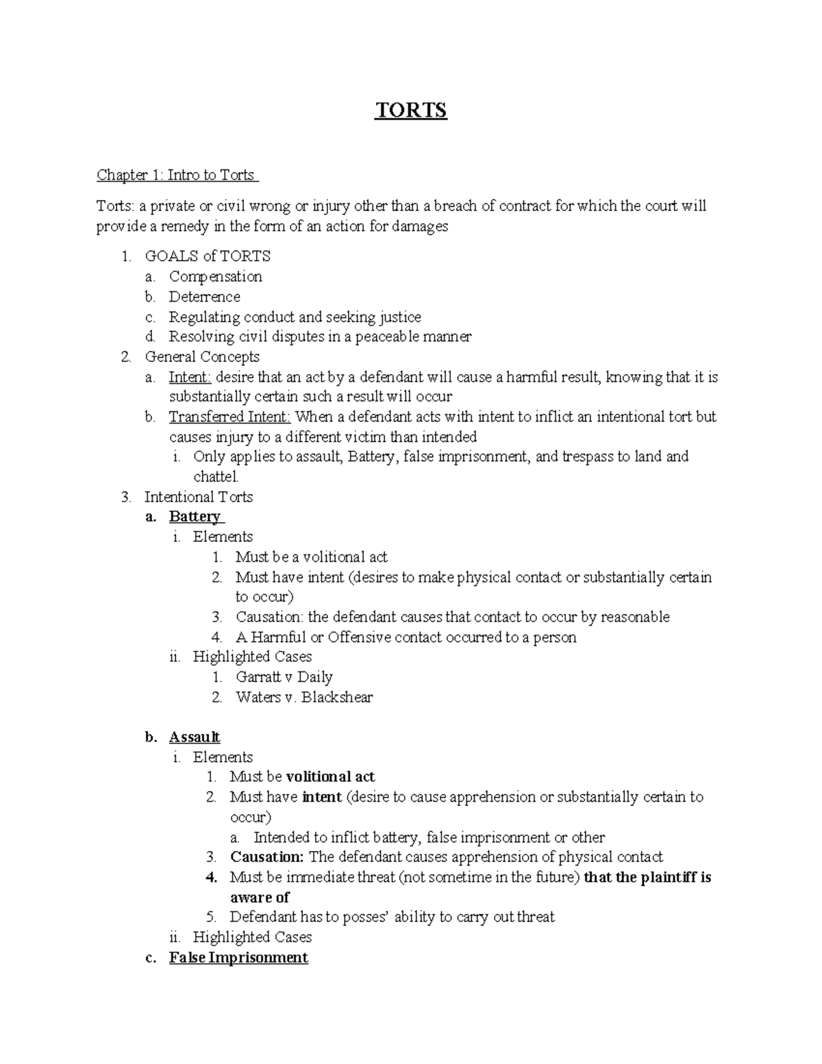 Torts Outline - TORTS Chapter 1: Intro to Torts Torts: a private or ...