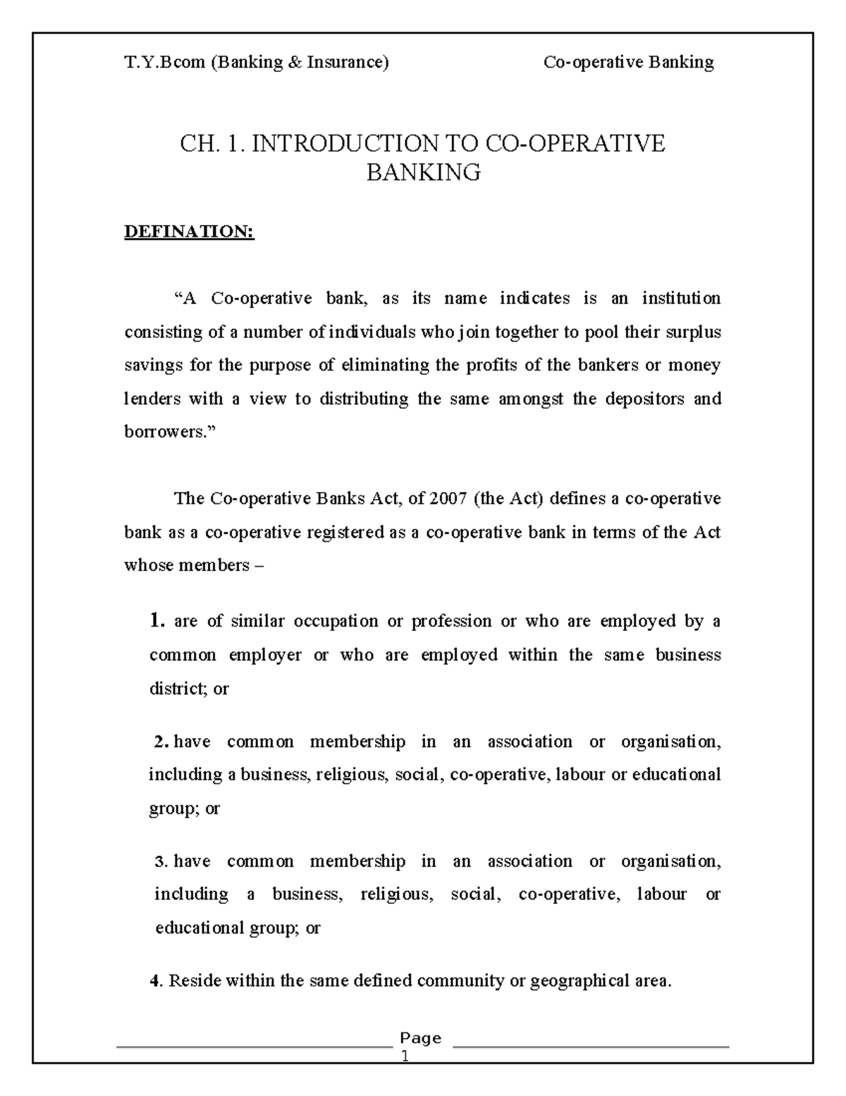 P 3619 co operative banking project 1303 - CH. 1. INTRODUCTION TO CO ...