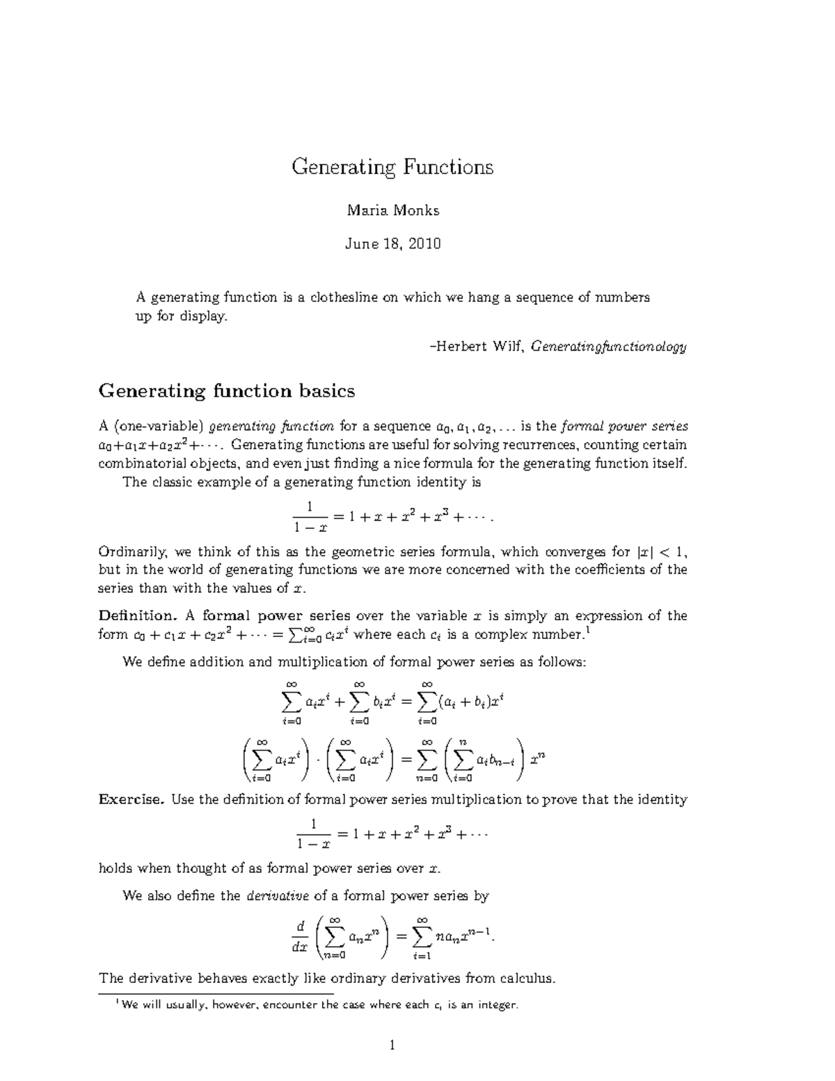 Generating Functions - Maria Monks - MOP 2010 - Generating Functions Maria Monks June 18, 2010 A ...