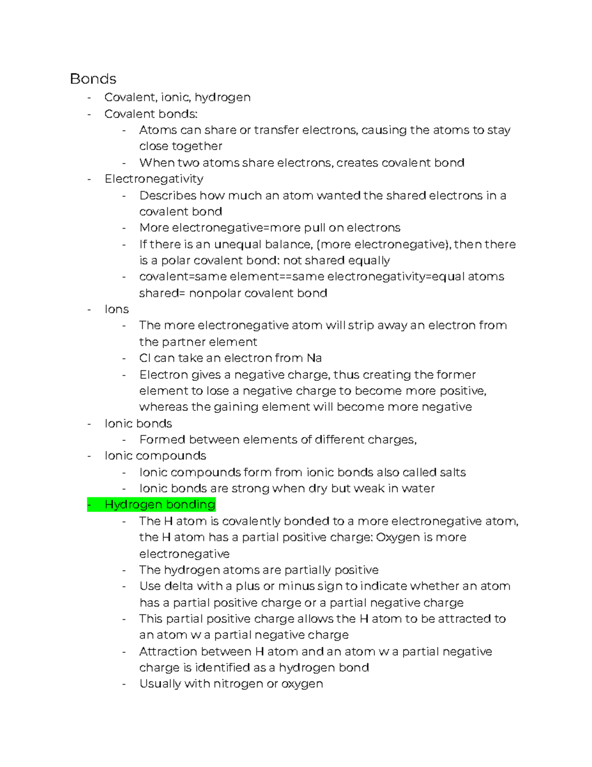 BILD 1 UCSD Bonds Notes - Bonds Covalent, ionic, hydrogen Covalent ...