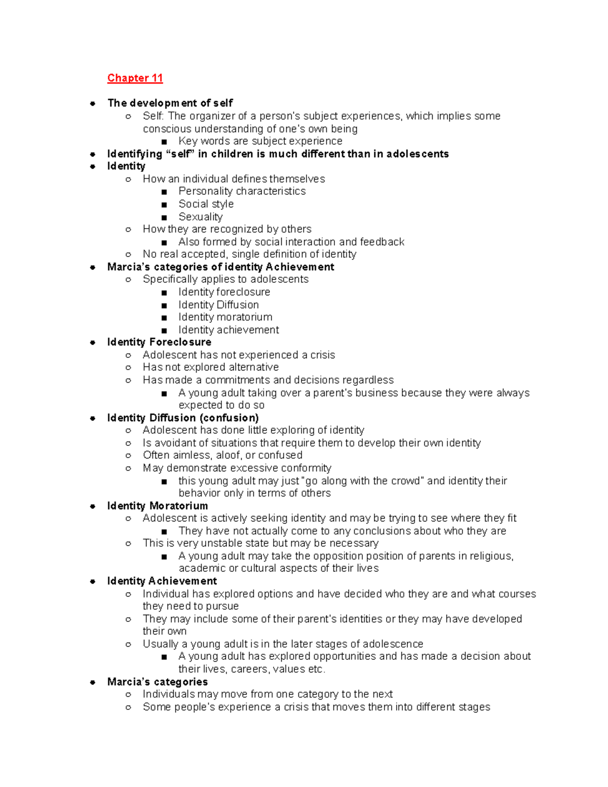 PSY320 Chapter 11 - Chapter 11 The development of self Self: The ...