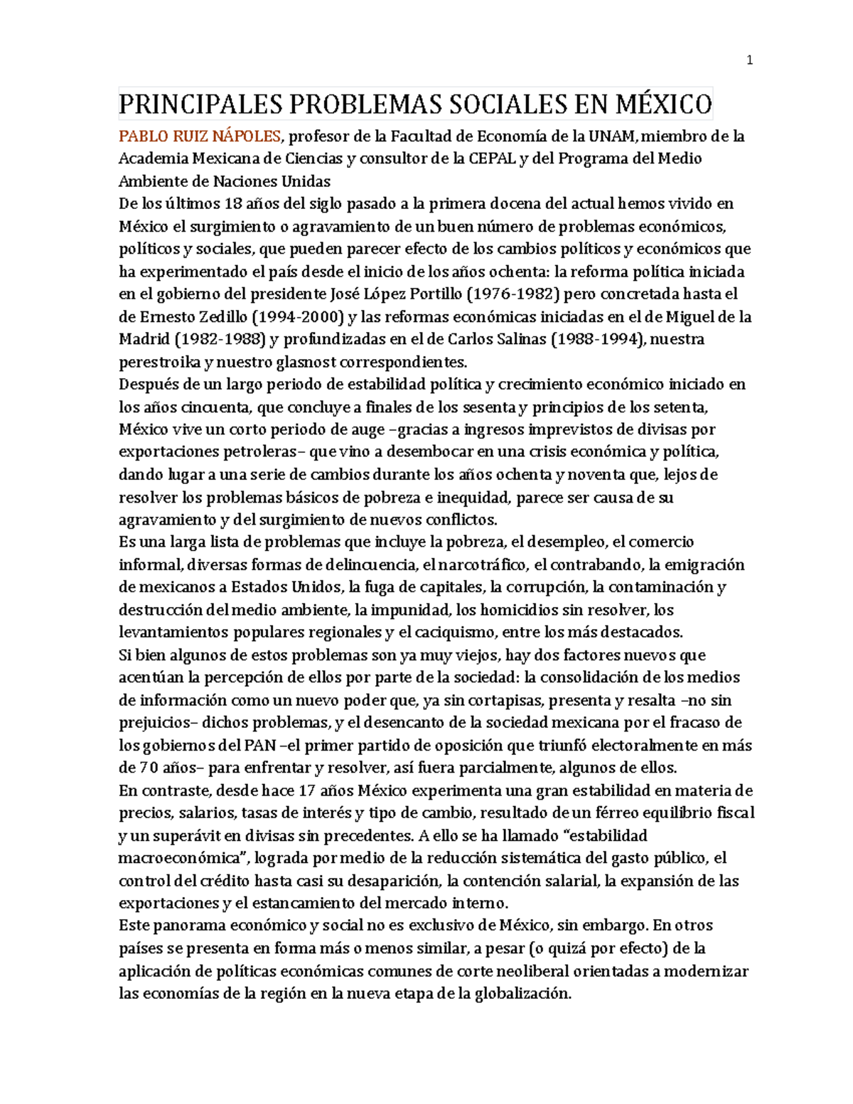 1 Ensayo - PRINCIPALES PROBLEMAS SOCIALES EN MÉXICO PABLO RUIZ NÁPOLES, profesor de la Facultad ...