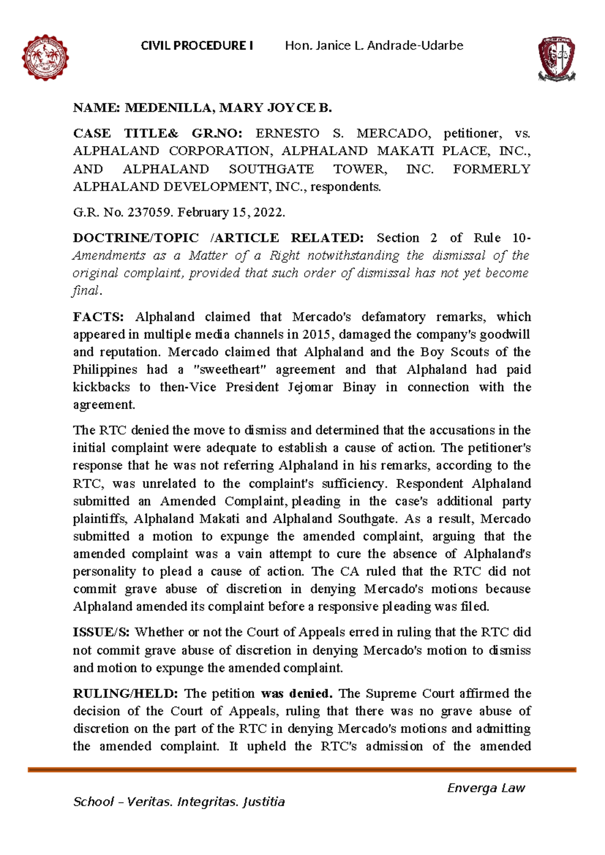 E. Mercado v. Alphaland Corp - CIVIL PROCEDURE I Hon. Janice L. Andrade ...