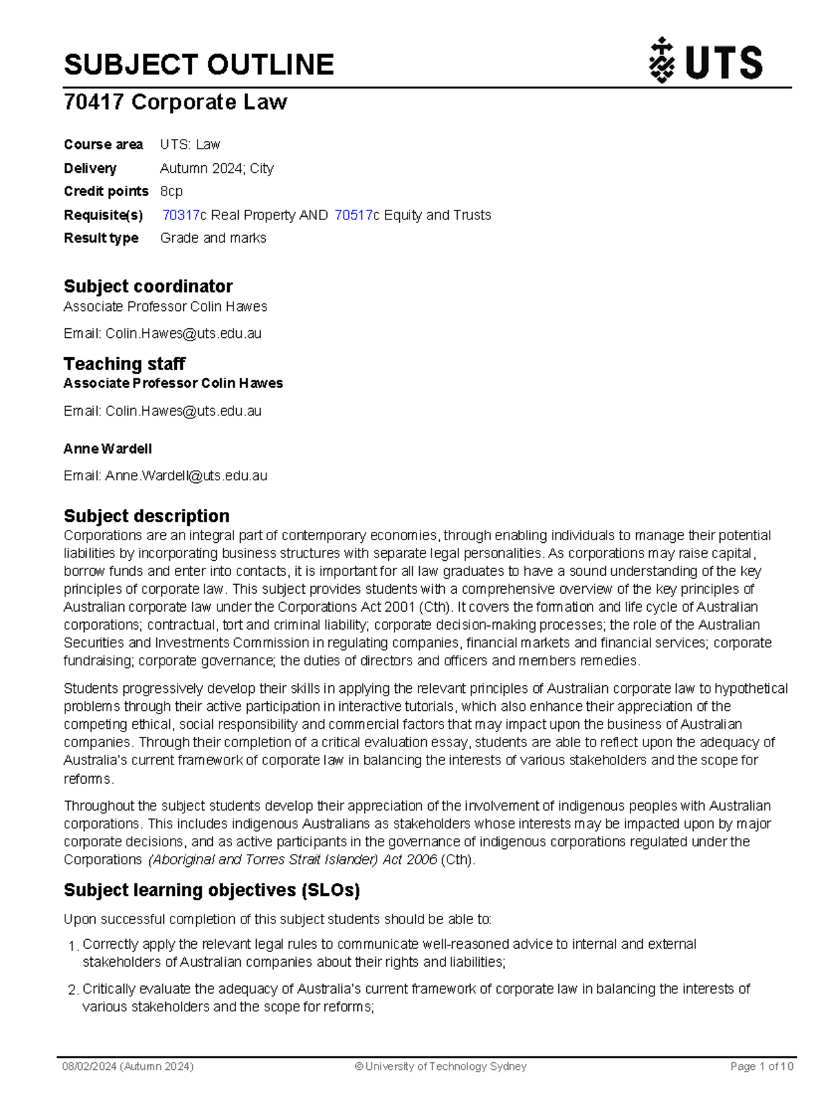 Corporate Law Subject Outline - SUBJECT OUTLINE 70417 Corporate Law ...