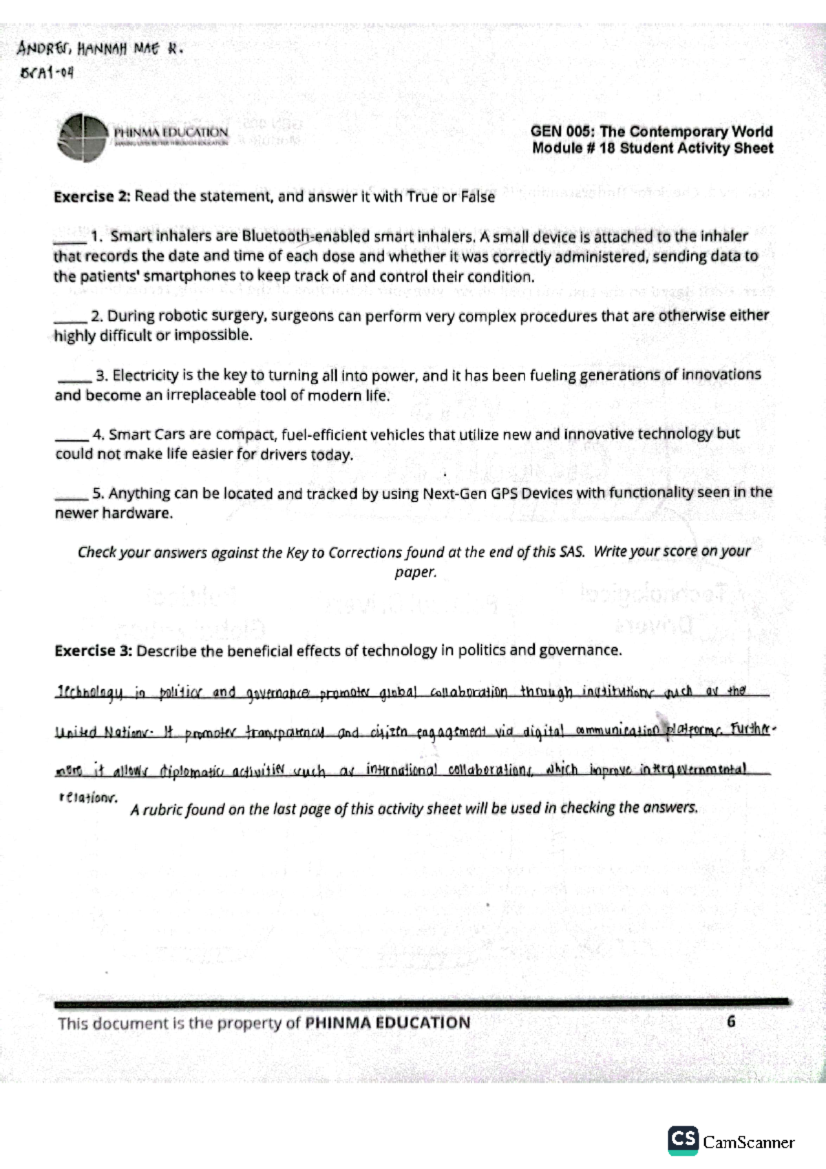 Andres, Hannah Mae R. - SAS 18 - ANDRES, HANNAH MAE R. PHINMA EDUCATION GEN 005: The ...