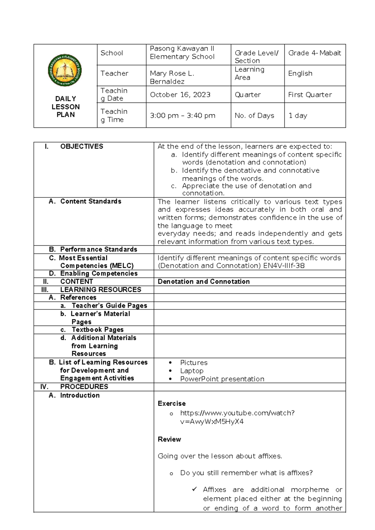 English Lesson PLAN Denotation AND Connotation - DAILY LESSON PLAN ...