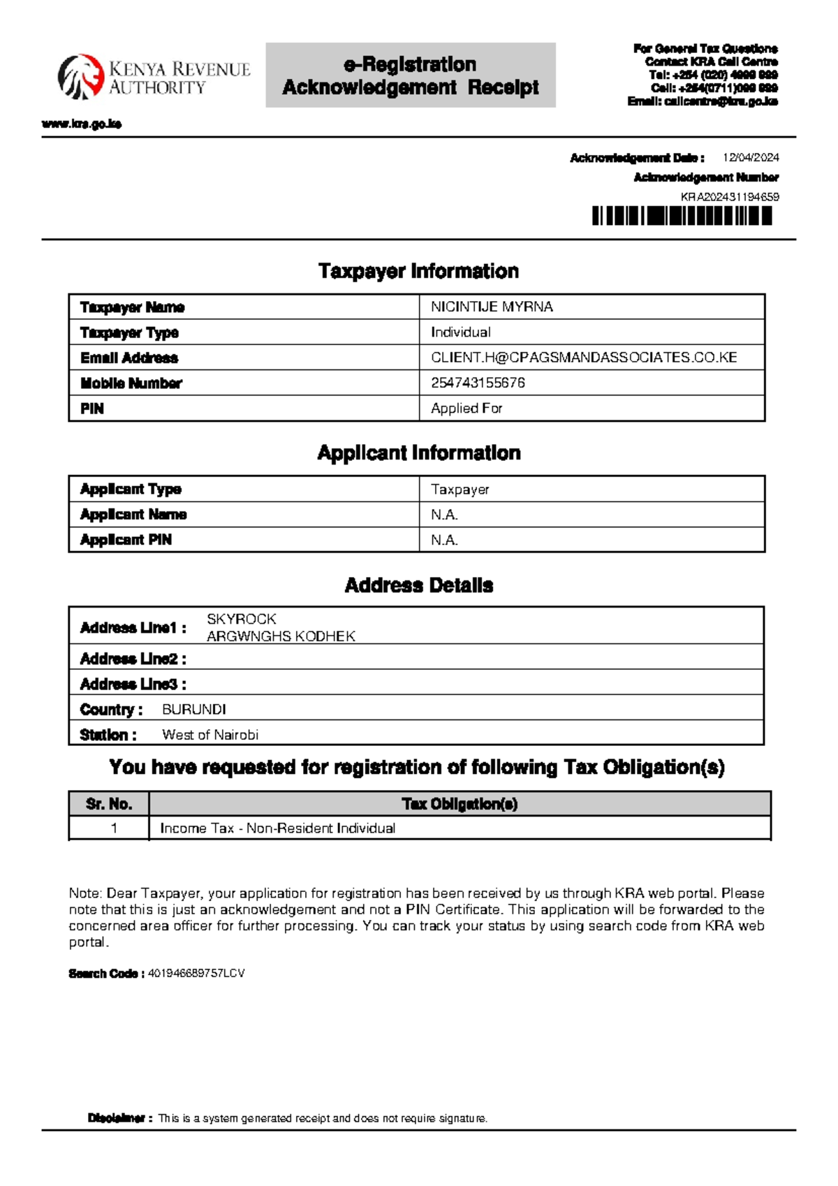 149960011 - Acknowledgement Date : 12/04/ Acknowledgement Number KRA ...