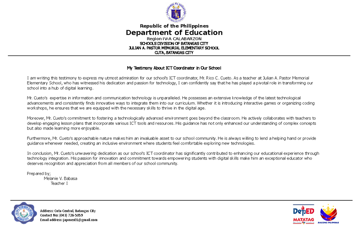 MY Testimonial IN ICT COOR - Republic of the Philippines Department of ...