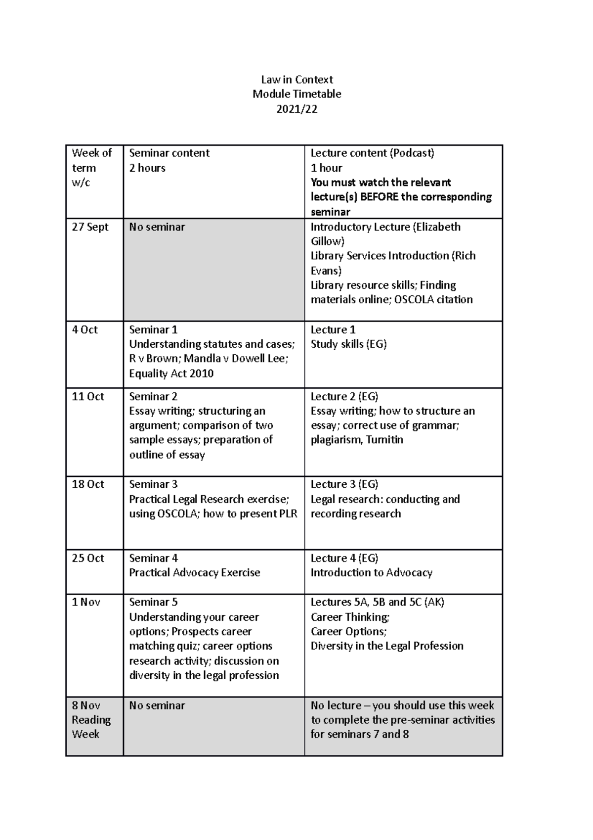 Law in Context TT 202122 - Law in Context Module Timetable 2021/ Week ...