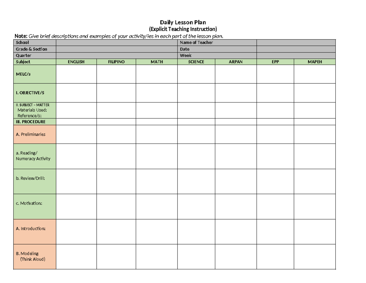 Daily Lesson Plan Using Explicit Teaching - Daily Lesson Plan (Explicit ...
