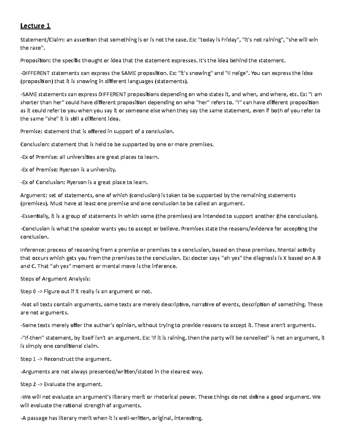 SSH105Test1Notes - n/a - Lecture 1 Statement/Claim: an assertion that ...