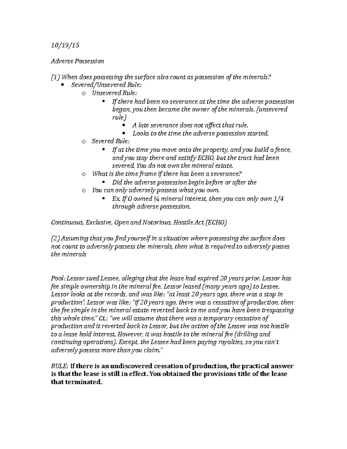 Oil and Gas Notes 10-19 - outline - 10/19/ Adverse Possession (1) When ...