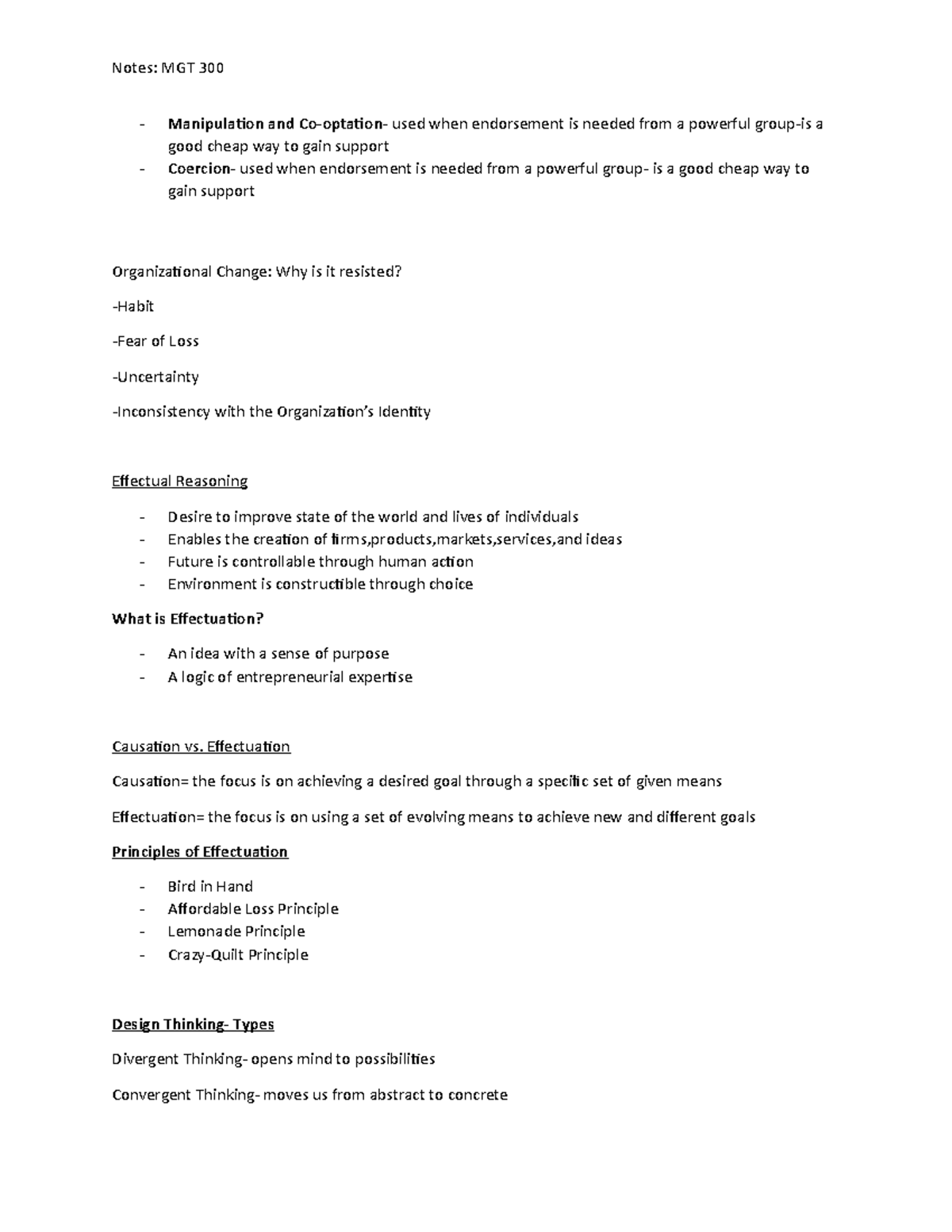 MGT Notes- 5 - Notes: MGT 300 Manipulation and Co-optation- used when ...