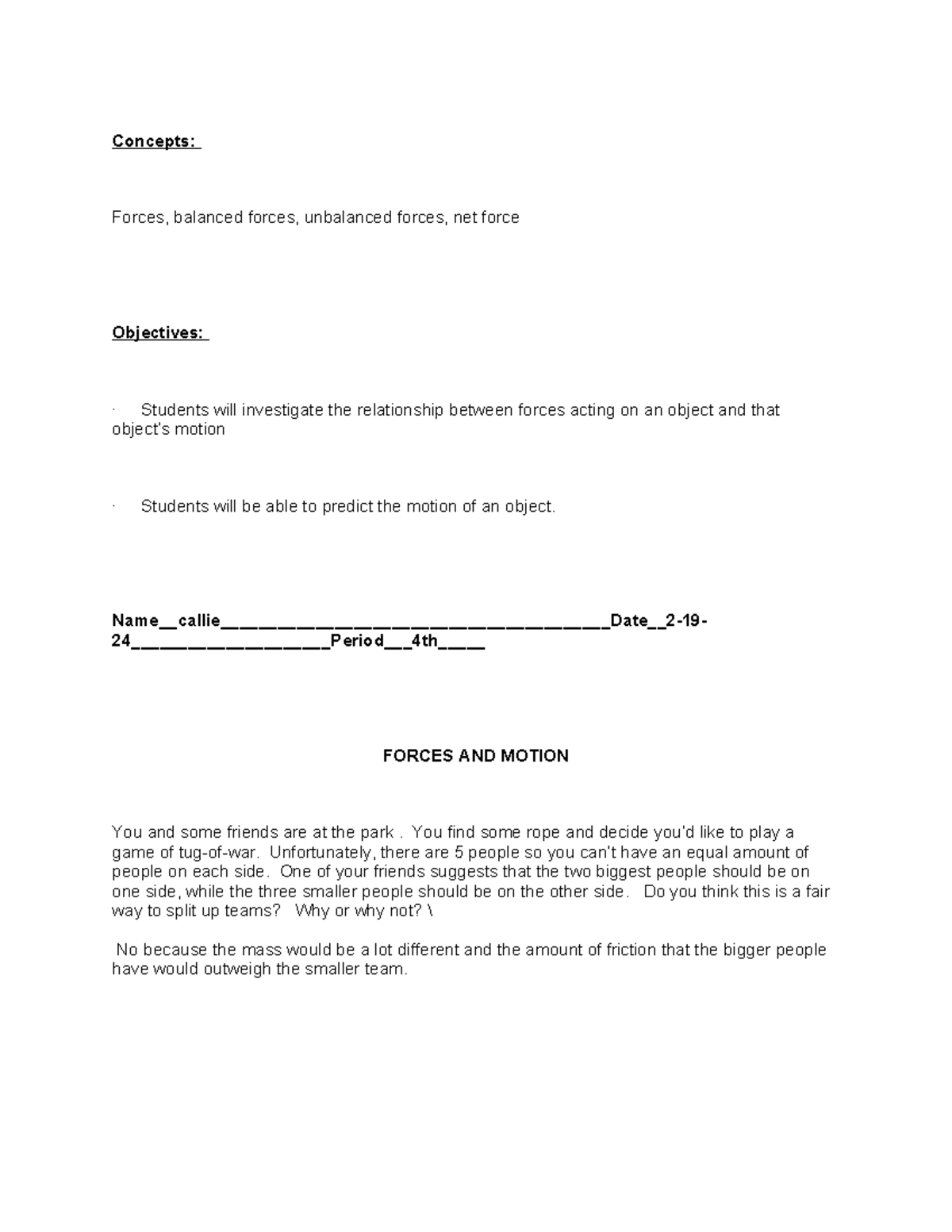 Untitled document - iam a tacher - Concepts: Forces, balanced forces ...