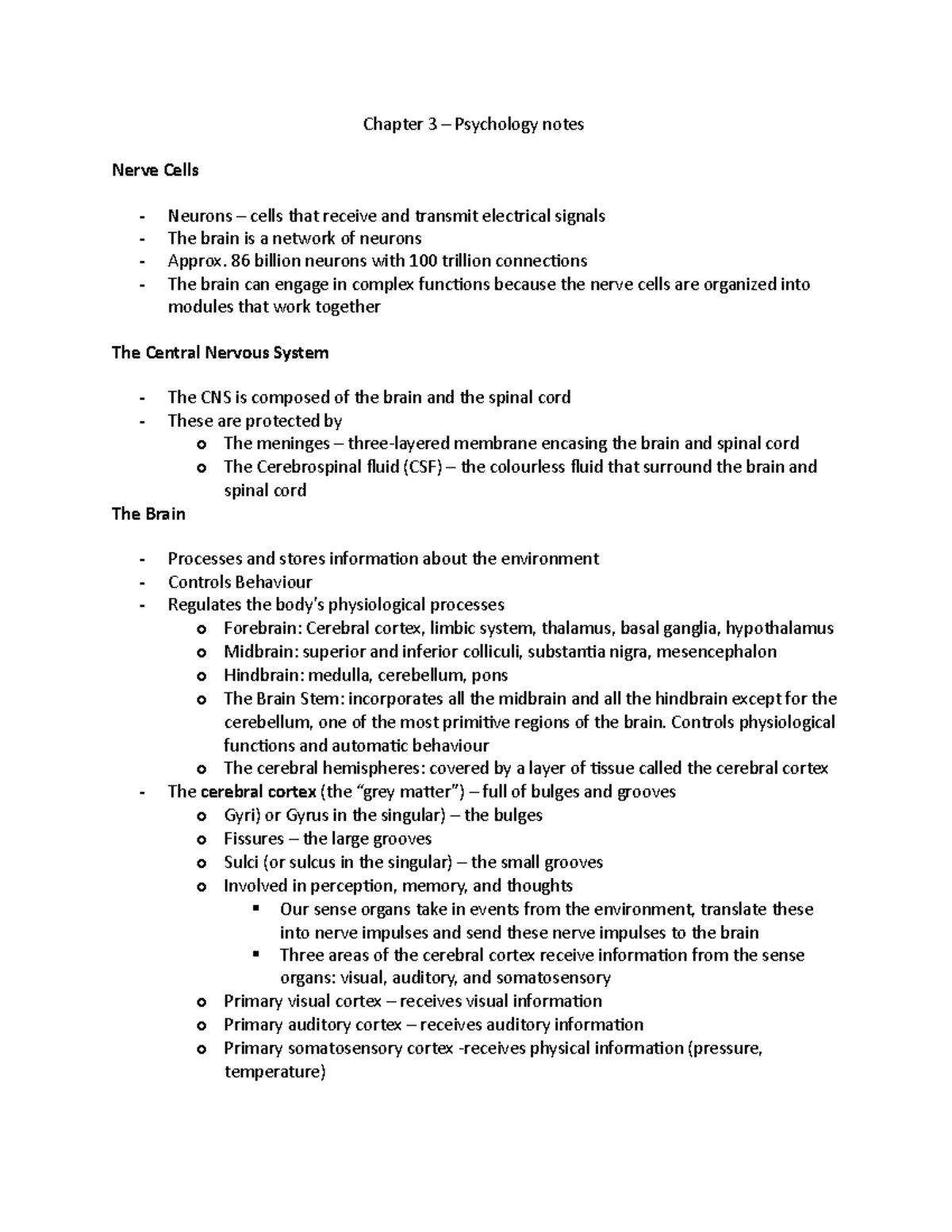 Chapter 3 psychology notes - Chapter 3 – Psychology notes Nerve Cells ...
