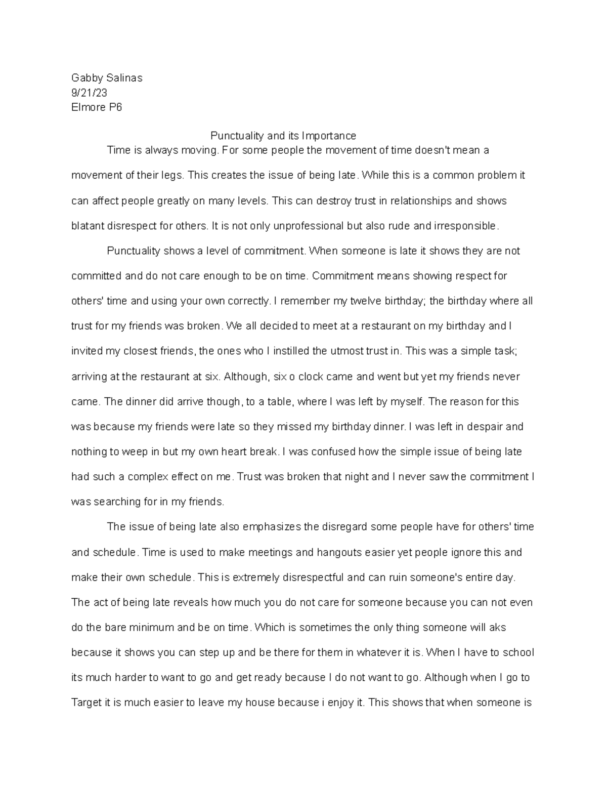 Dont be late-sub - Gabby Salinas 9/21/ Elmore P Punctuality and its ...