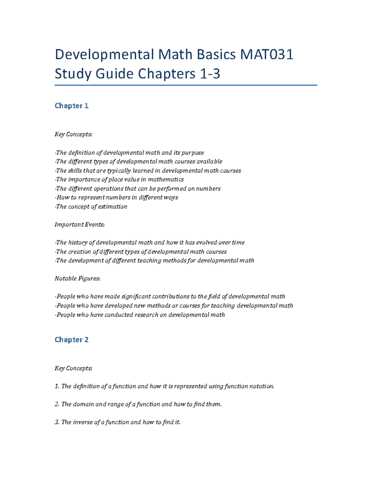 Developmental Math Basics MAT031 Study Guide Chapters 1-3 ...