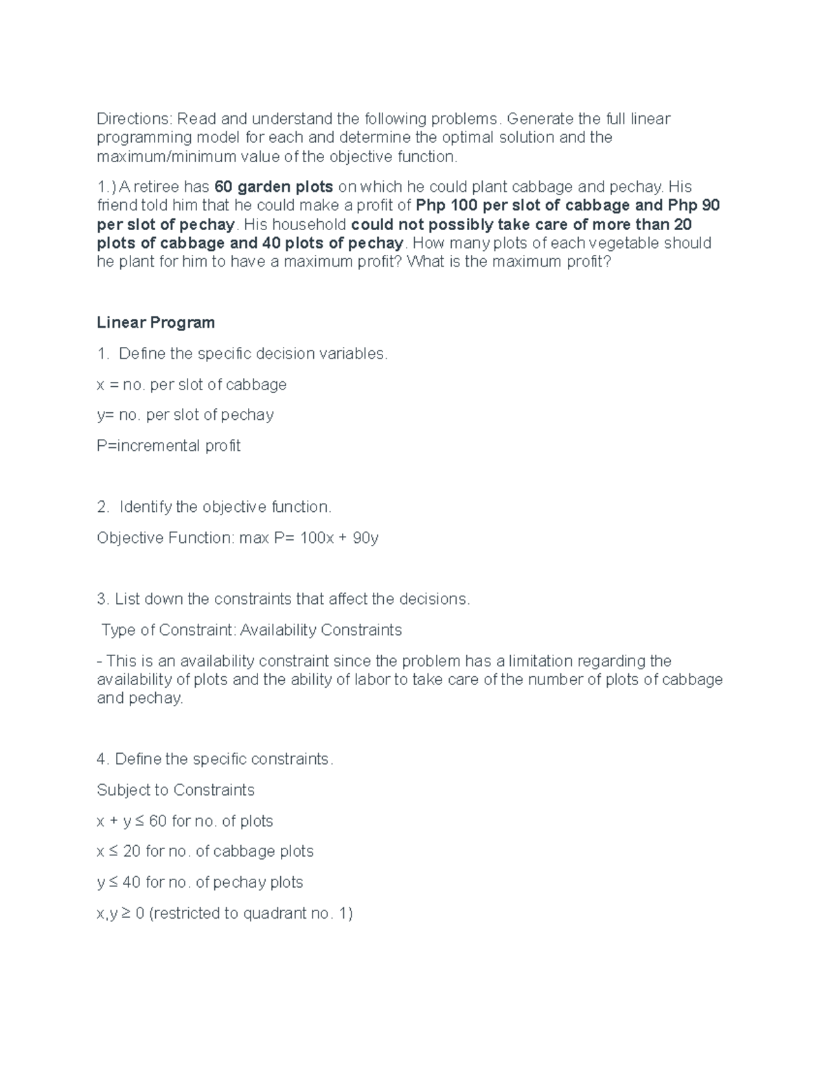 Linear programming - .... - Directions: Read and understand the ...
