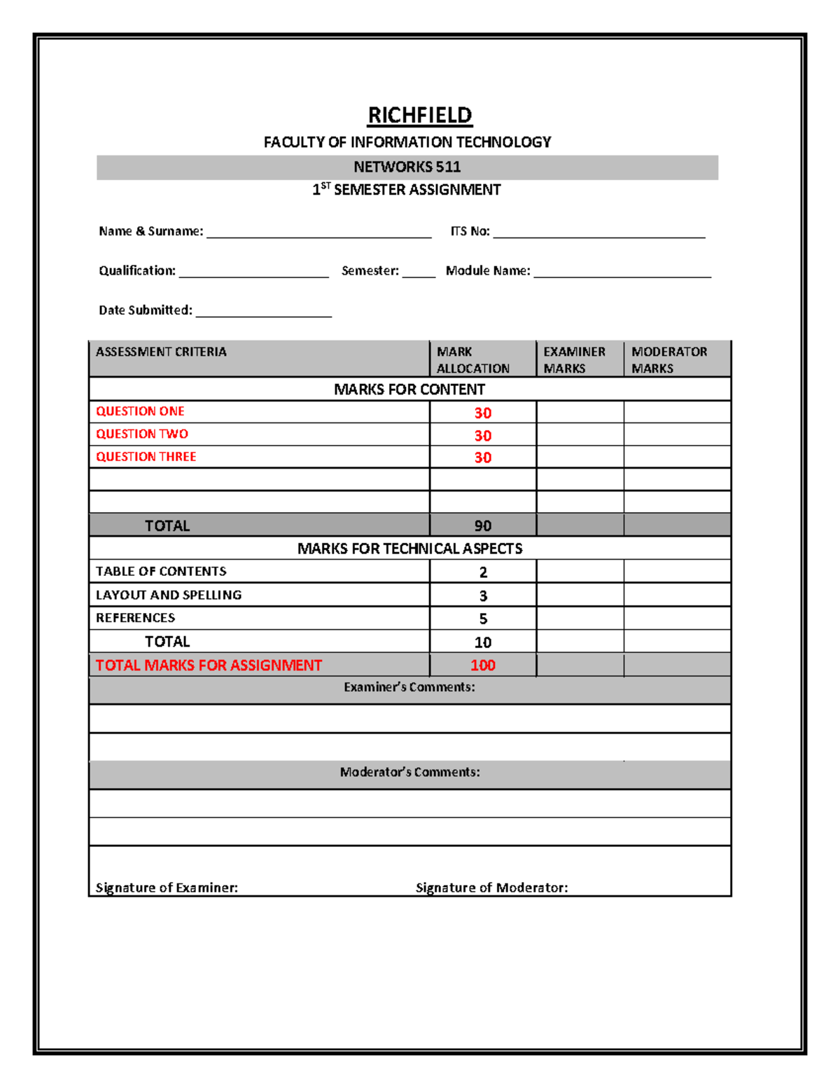 Networks 511 Assignment - RICHFIELD FACULTY OF INFORMATION TECHNOLOGY ...