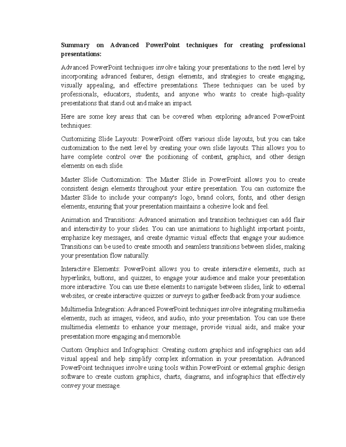 Summary on Advanced Power Point techniques for creating professional presentations - Summary on ...