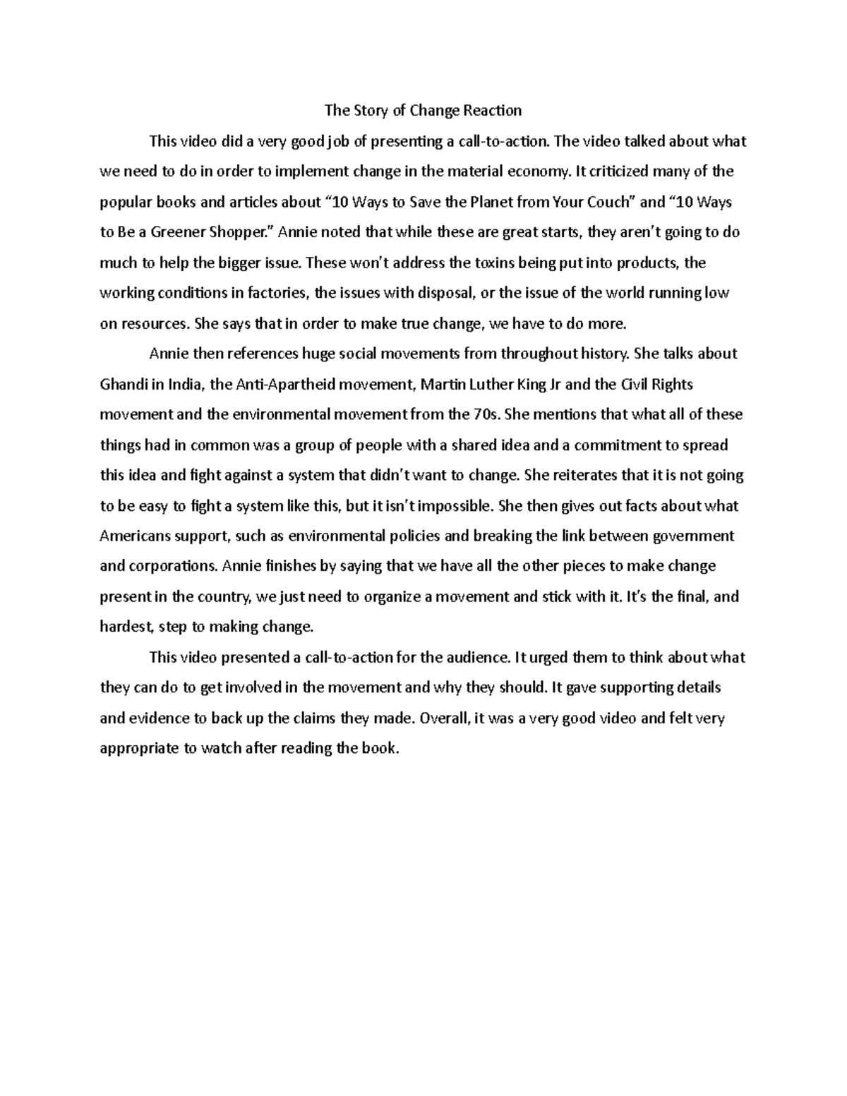 HLED 202 Story of Change Assignment - The Story of Change Reaction This ...