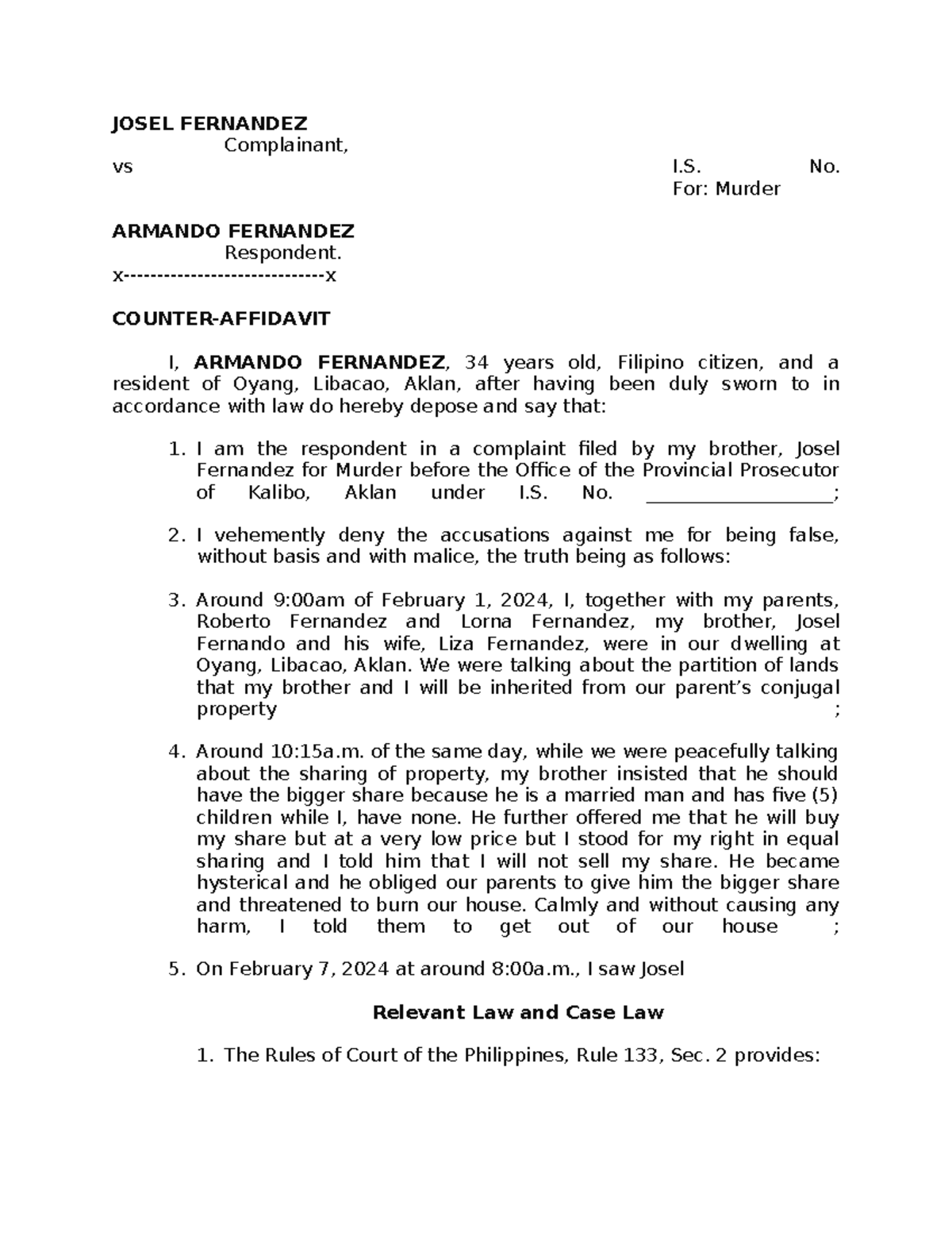 Draft-Counter-Affidavit - JOSEL FERNANDEZ Complainant, vs I. No. For ...